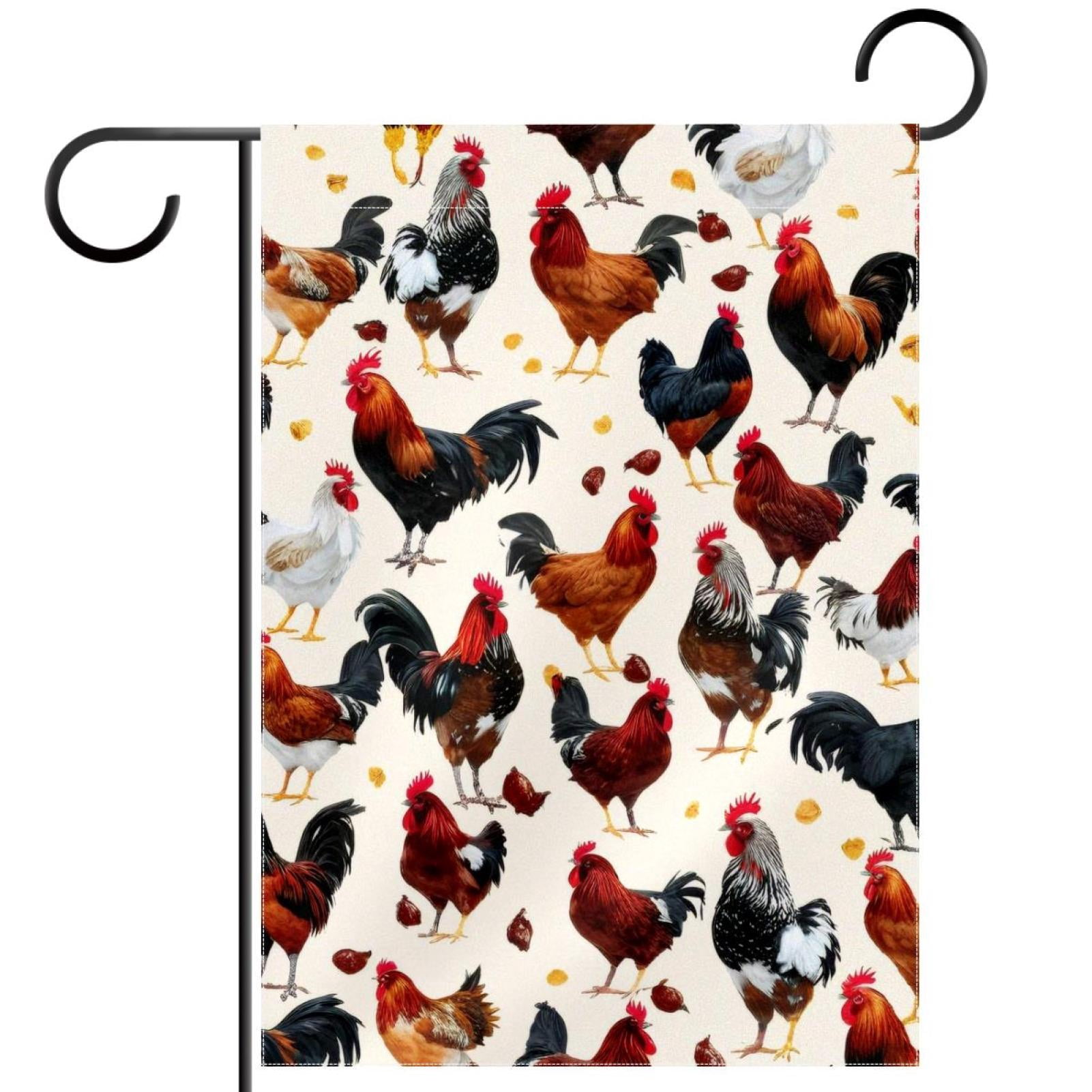 Chickens and Roosters on White Background Double Sided Garden Flag ...