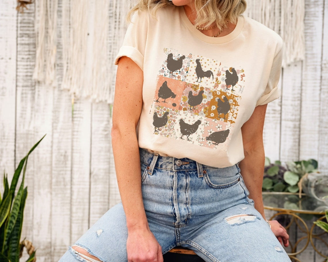Chickens Shirt, Womens Cottagecore Distressed Chicken Shirt, Chicken ...