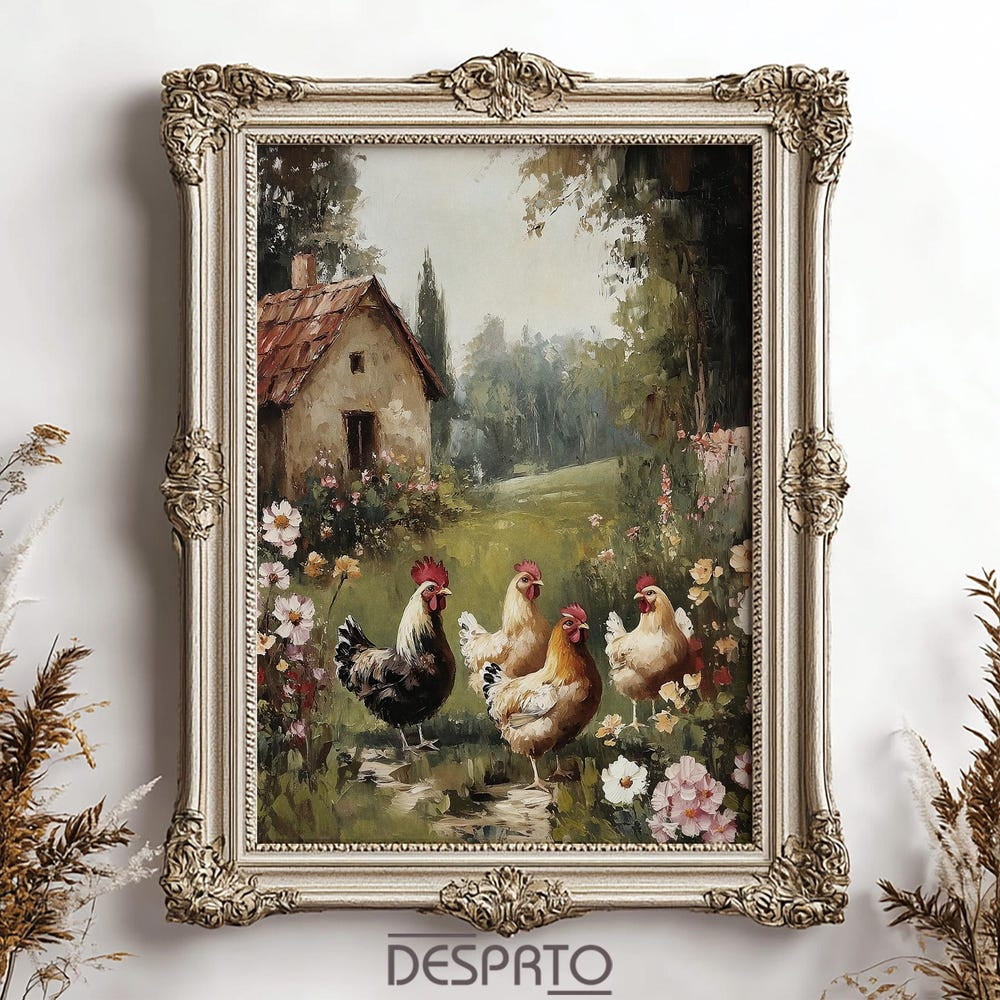 Chickens In Village Spring Print, Painting, Egg Day Cottagecore Print ...