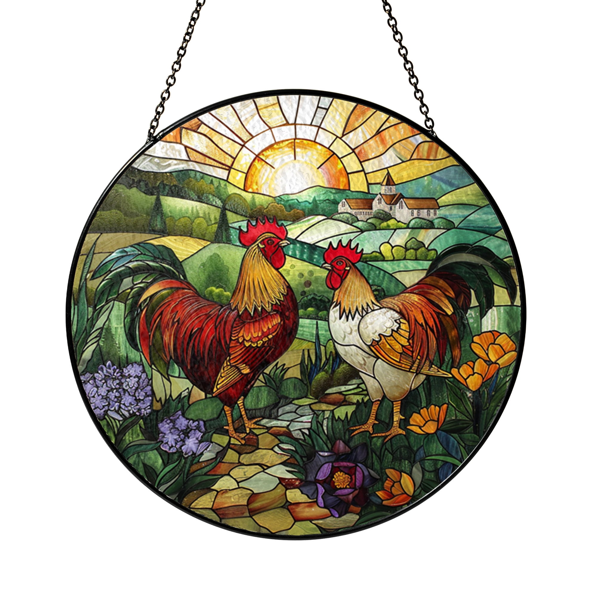 Chickens and Flowers Garden Stained Glass Suncatcher – Farmhouse Window ...