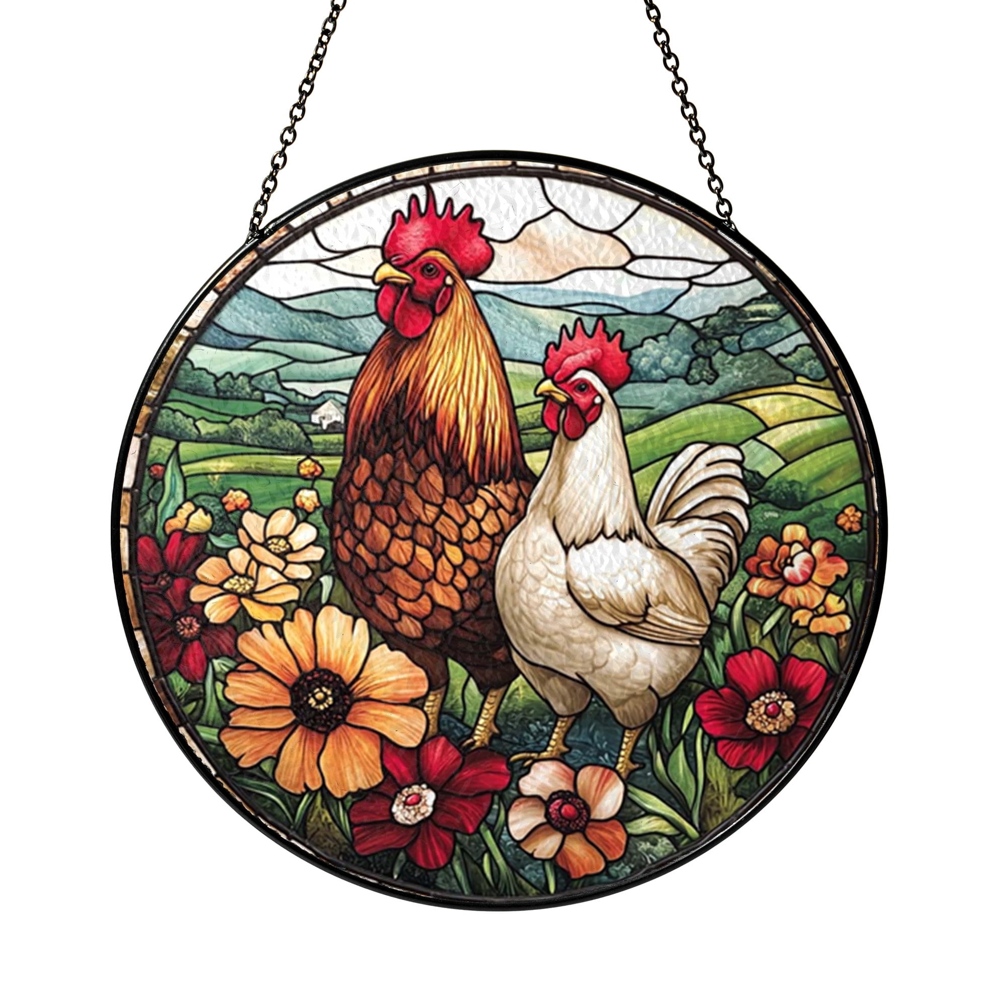 Chickens in Flower Garden Stained Glass Style Suncatcher, Rustic ...