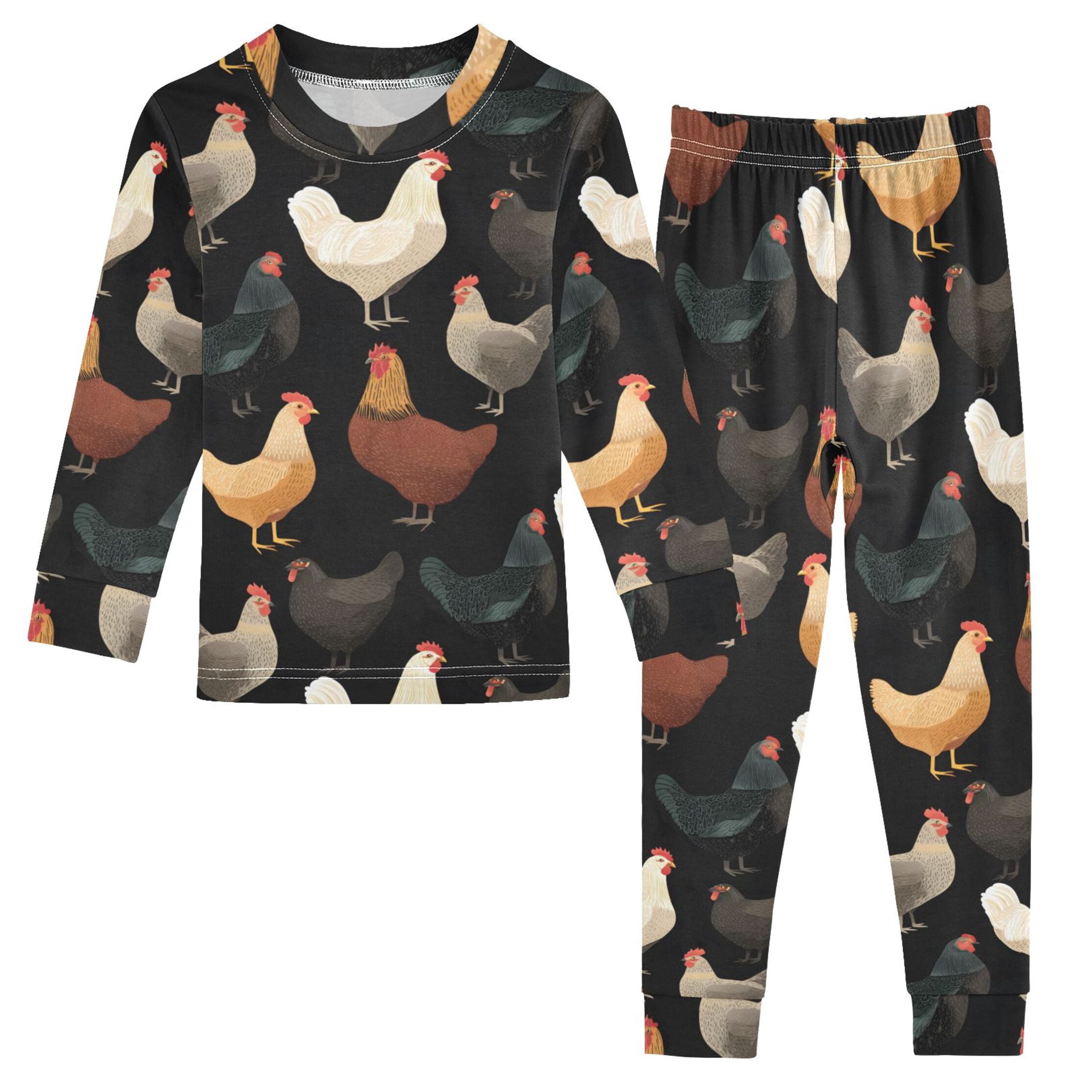 Chickens in Various Poses Pattern Cotton Pajamas 2 Piece Set Sleepwear ...