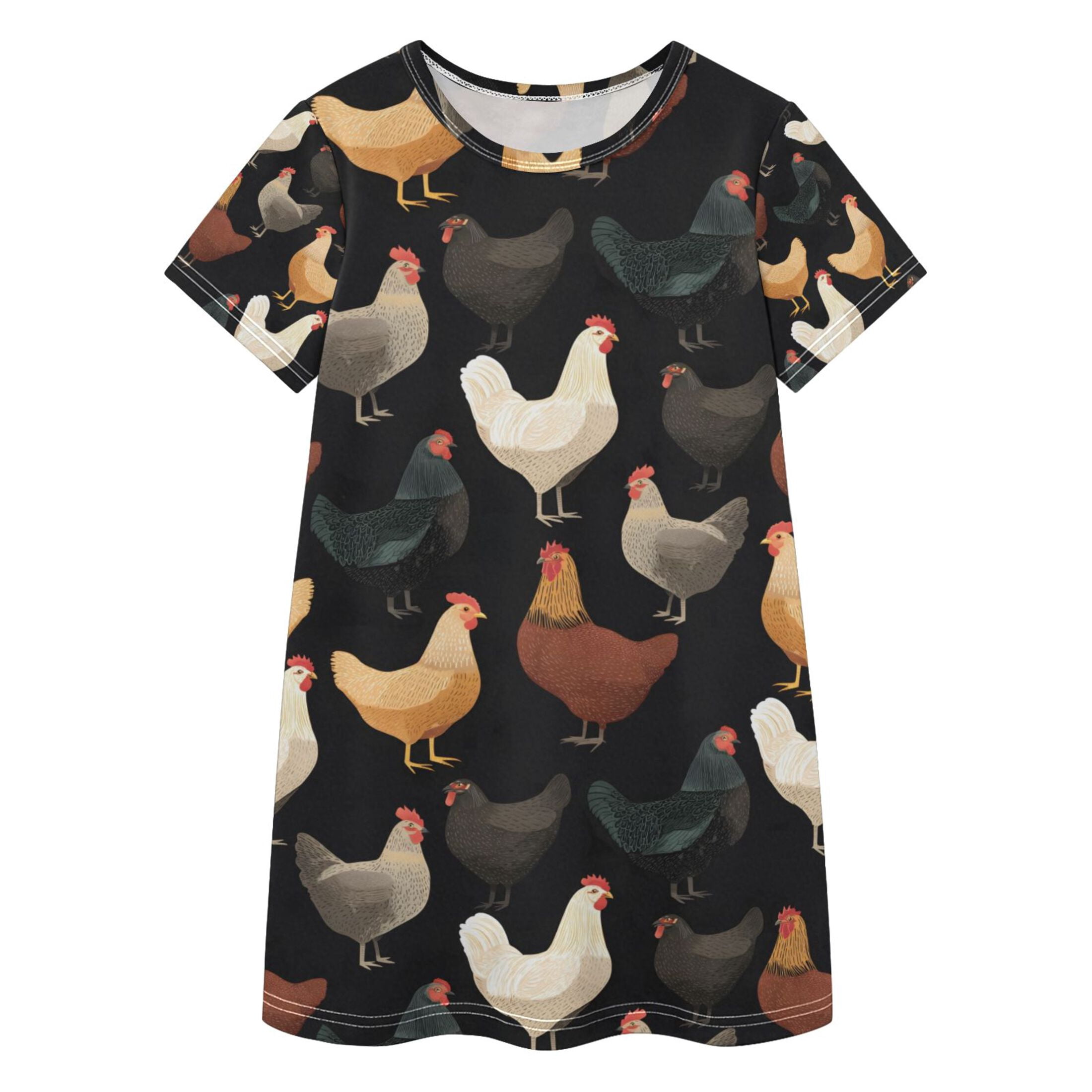 Chickens in Various Poses Pattern Girls' Casual Dresses Short Sleeve ...