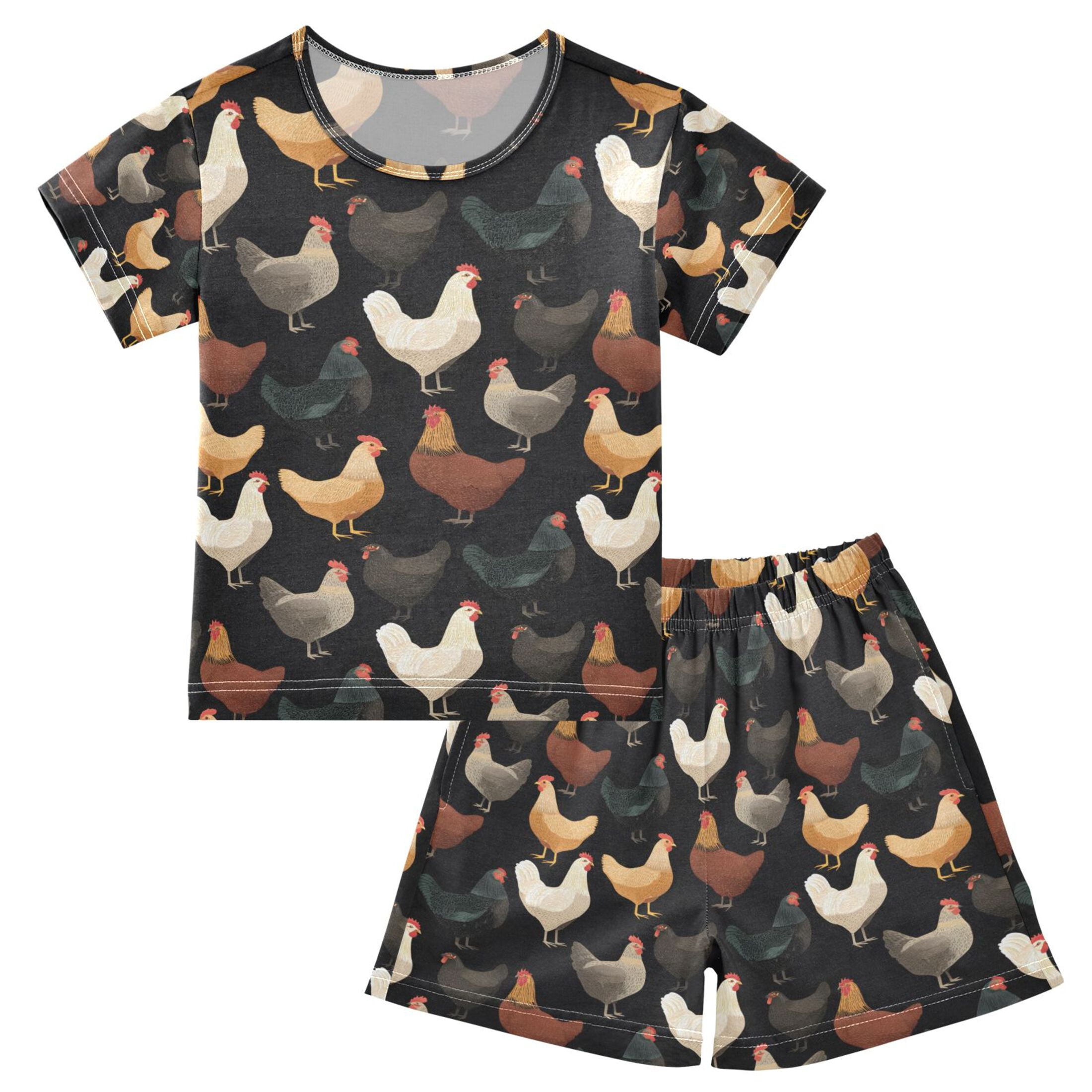 Chickens in Various Poses Pattern Summer Pajama Set Soft Cotton Short ...