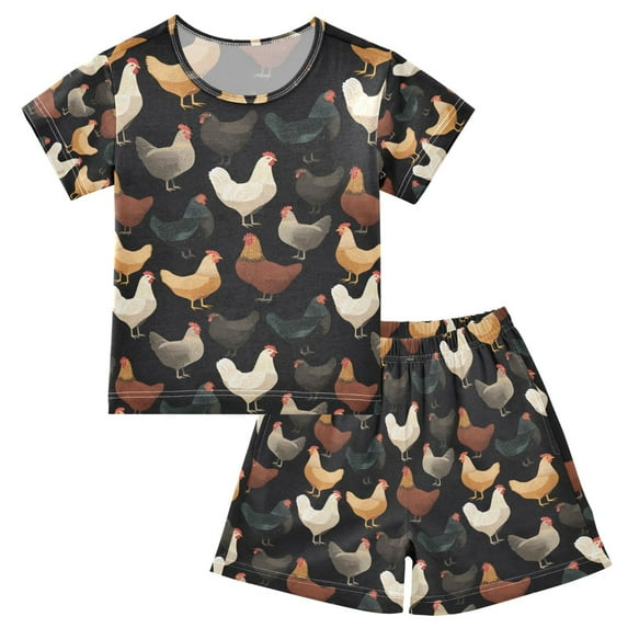 Chickens in Various Poses Pattern Summer Pajama Set Soft Cotton Short ...
