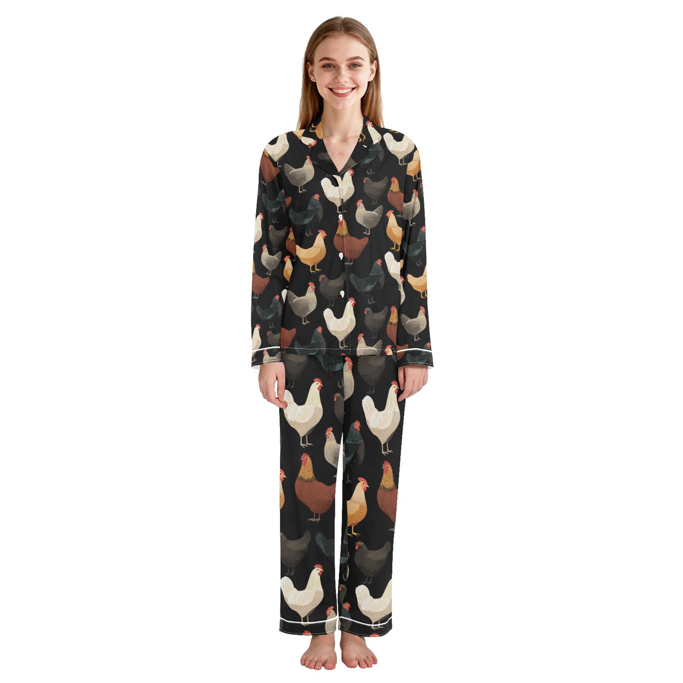 Chickens in Various Poses Pattern Women Pajama Set Soft Notch Collar ...