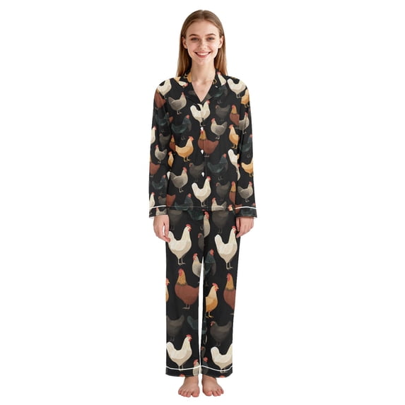 Chickens in Various Poses Pattern Women Pajama Set Soft Notch Collar ...