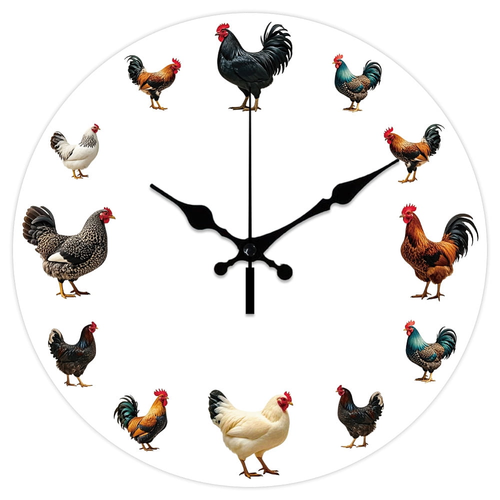 Chickens of All Breeds Pattern Wall Clock 12 Inch Non-Ticking Clocks ...
