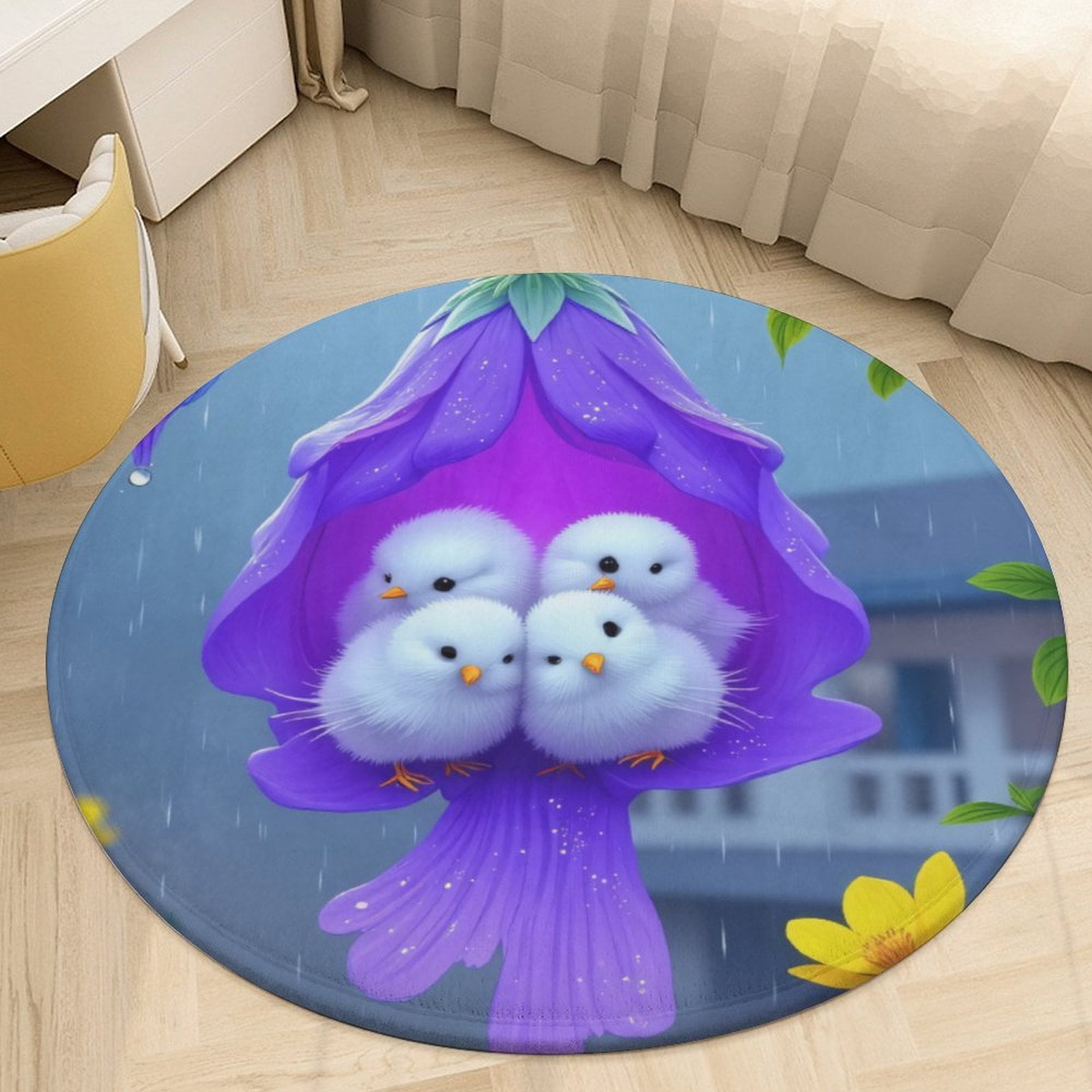 Chicks in A Flower Umbrella Round Area Rugs for Bedroom Living Room, 4FT Soft Comfy Indoor ...