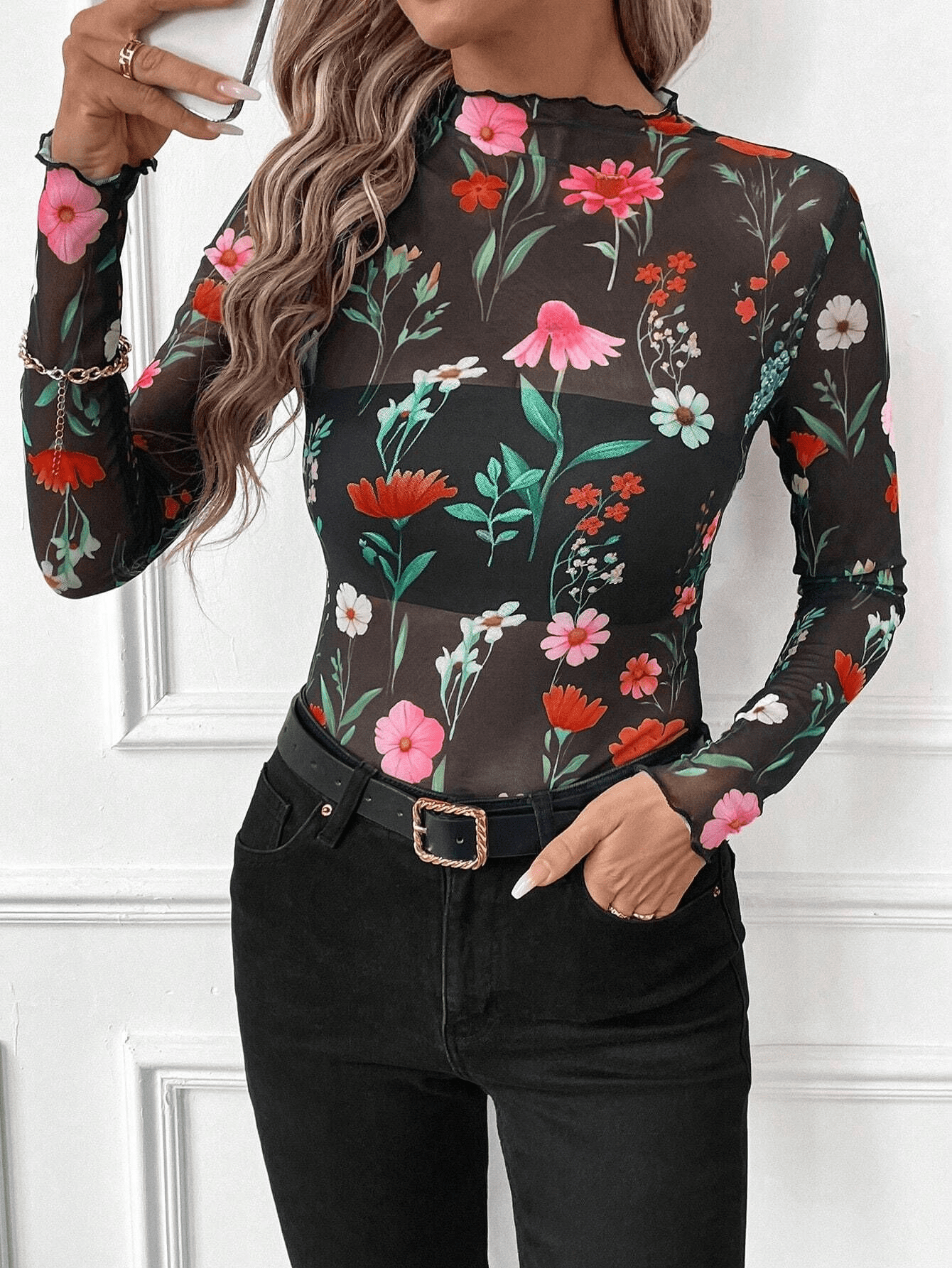 Chiclily Lace Top with Long Sleeves Stand Collar Floral Sexy Mesh See ...