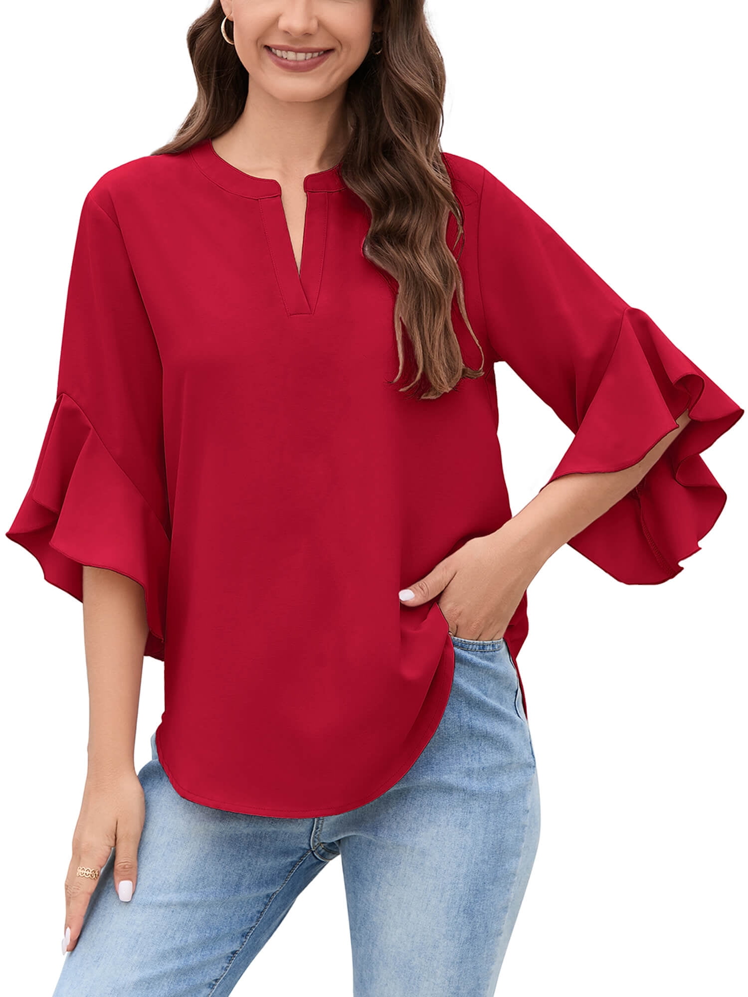 Chiclily Women Dressy Tops Summer Casual V-Neck Blouse Flowy 3/4 Ruffle ...