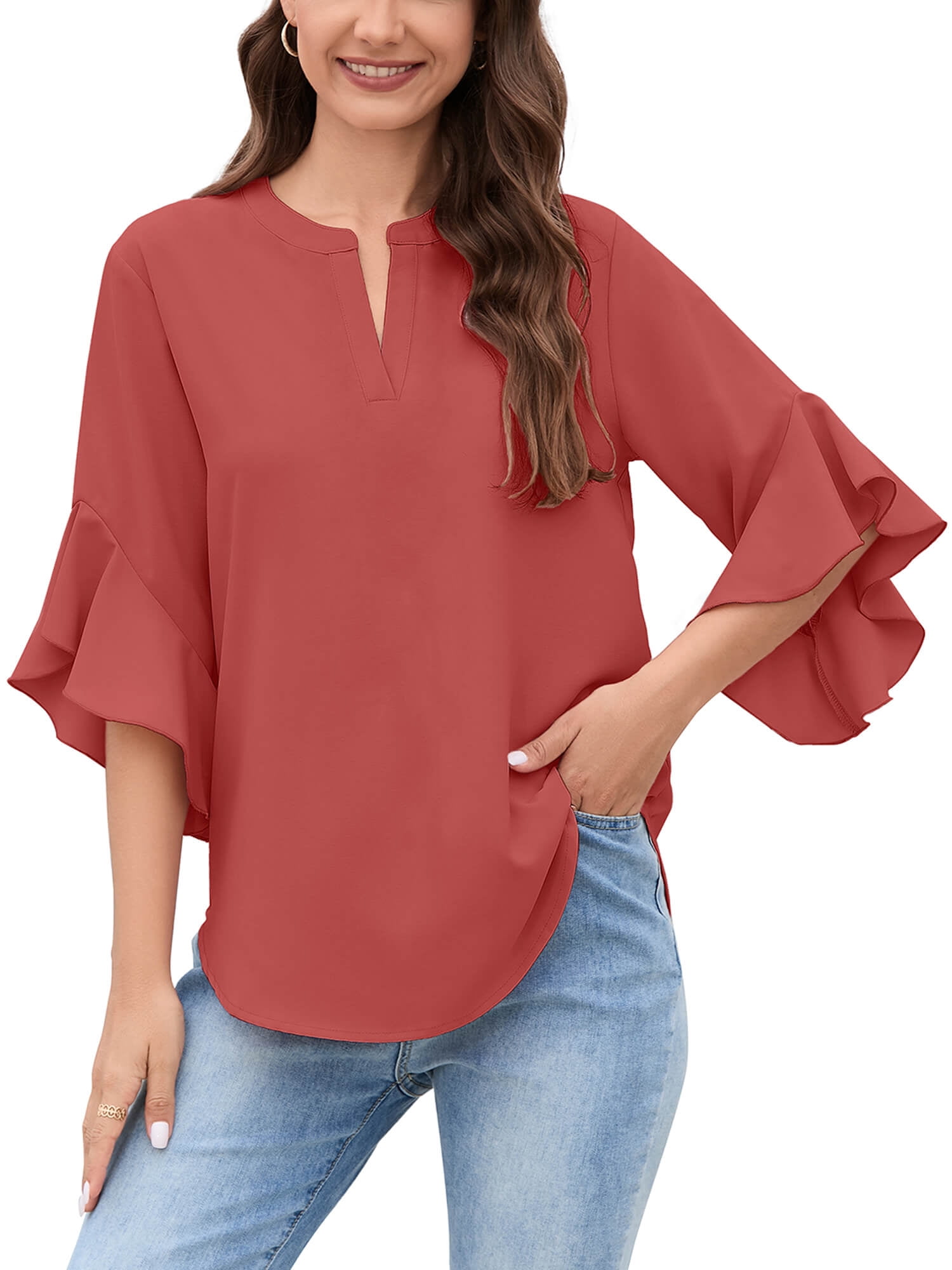 Chiclily Women Loose Blouse V-Neck 3/4 Sleeve Workwear Blouse Shirt ...