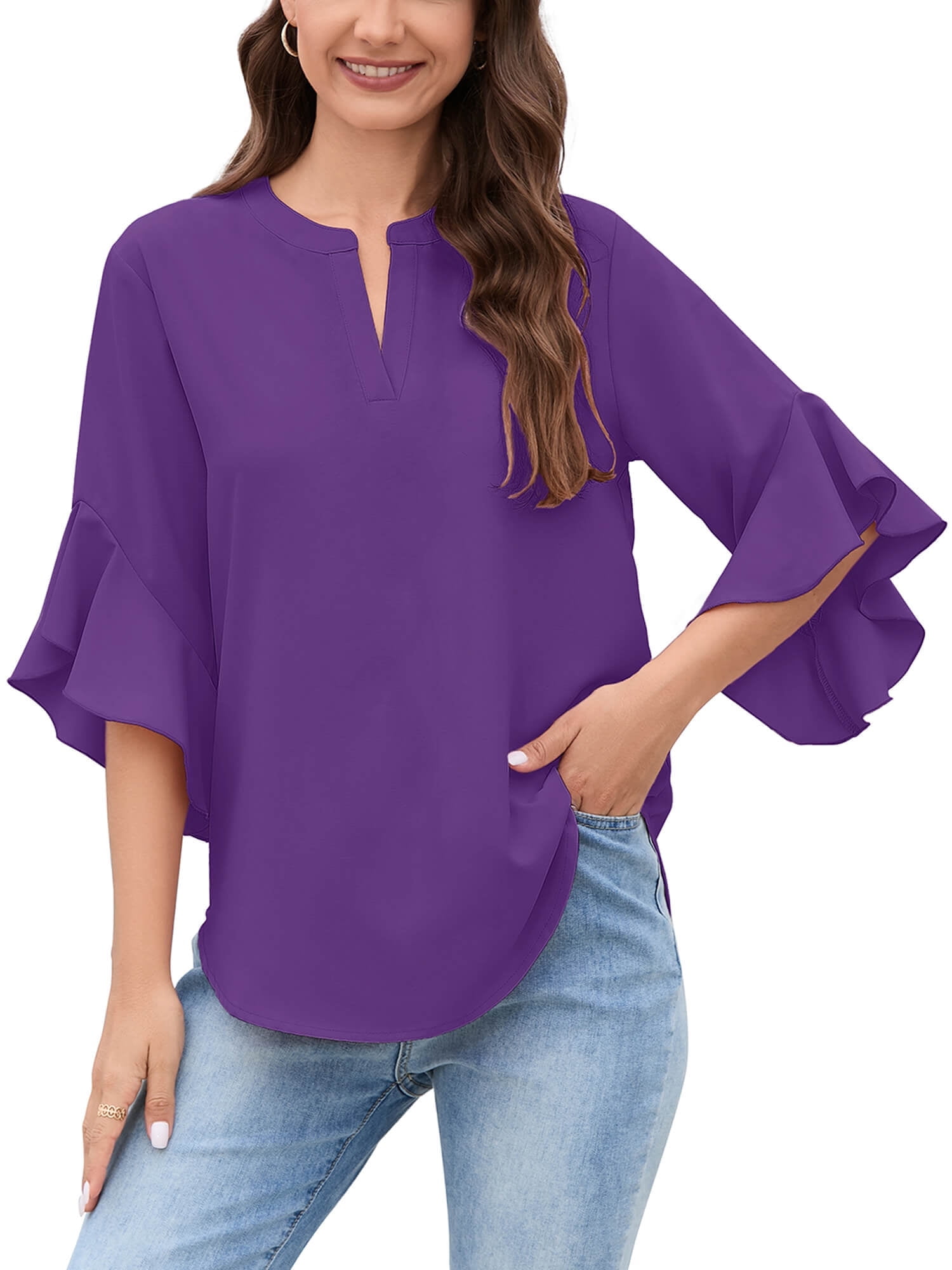 Chiclily Women 3/4 Sleeve V Neck Loose Blouse, Purple Tunic for Casual ...