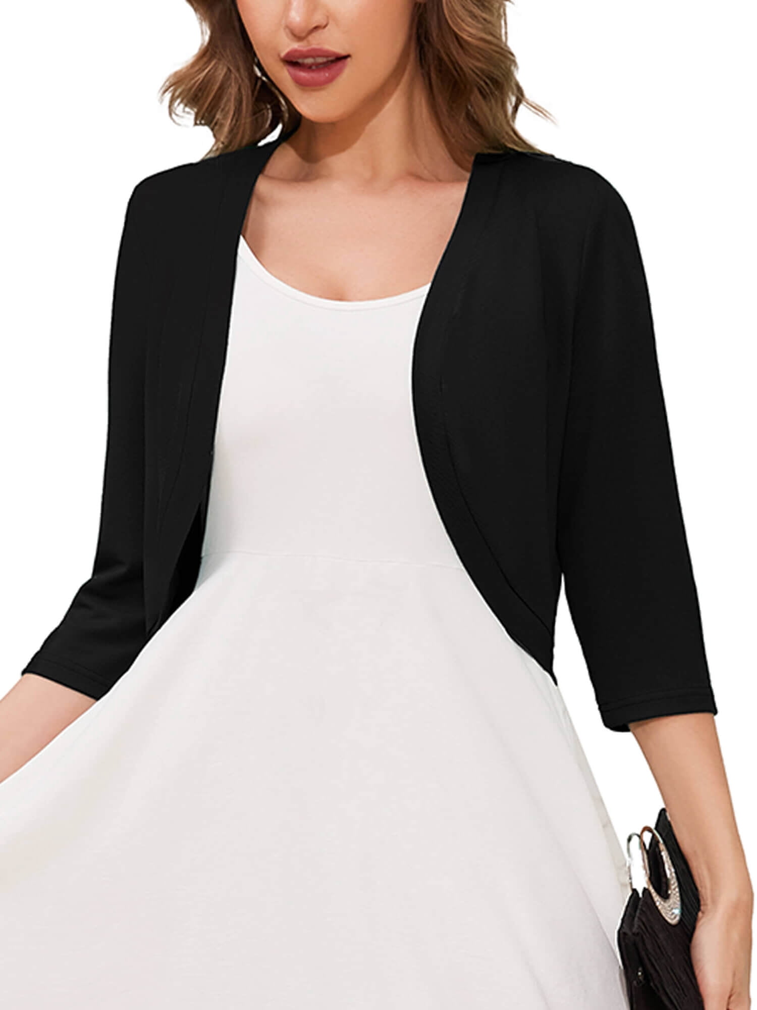 Chiclily Women's 3/4 Sleeve Open Front Cardigan Black M Lightweight V ...