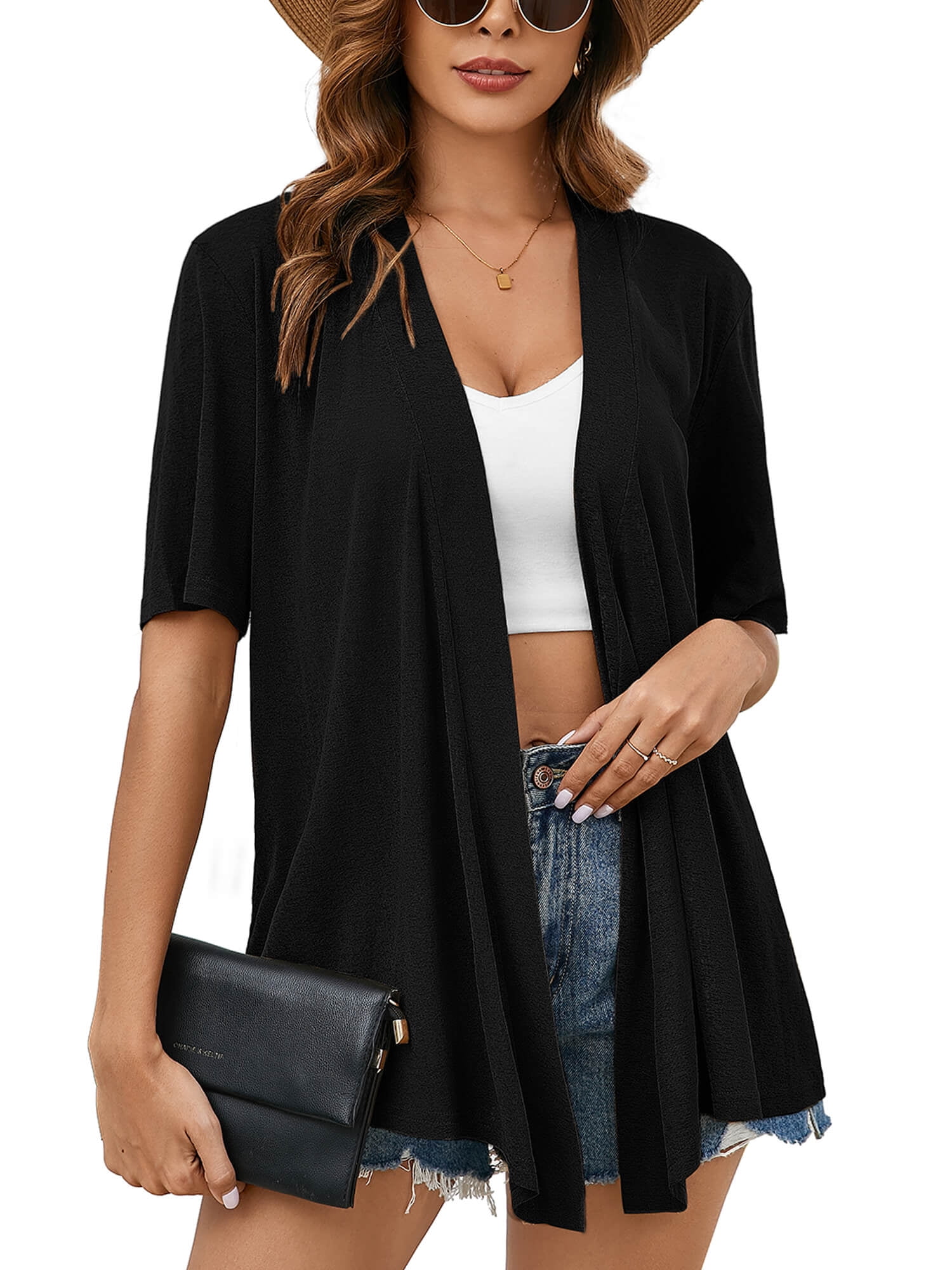 Chiclily Women's Black Cardigans Casual 3/4 Sleeve Drape Open Front ...