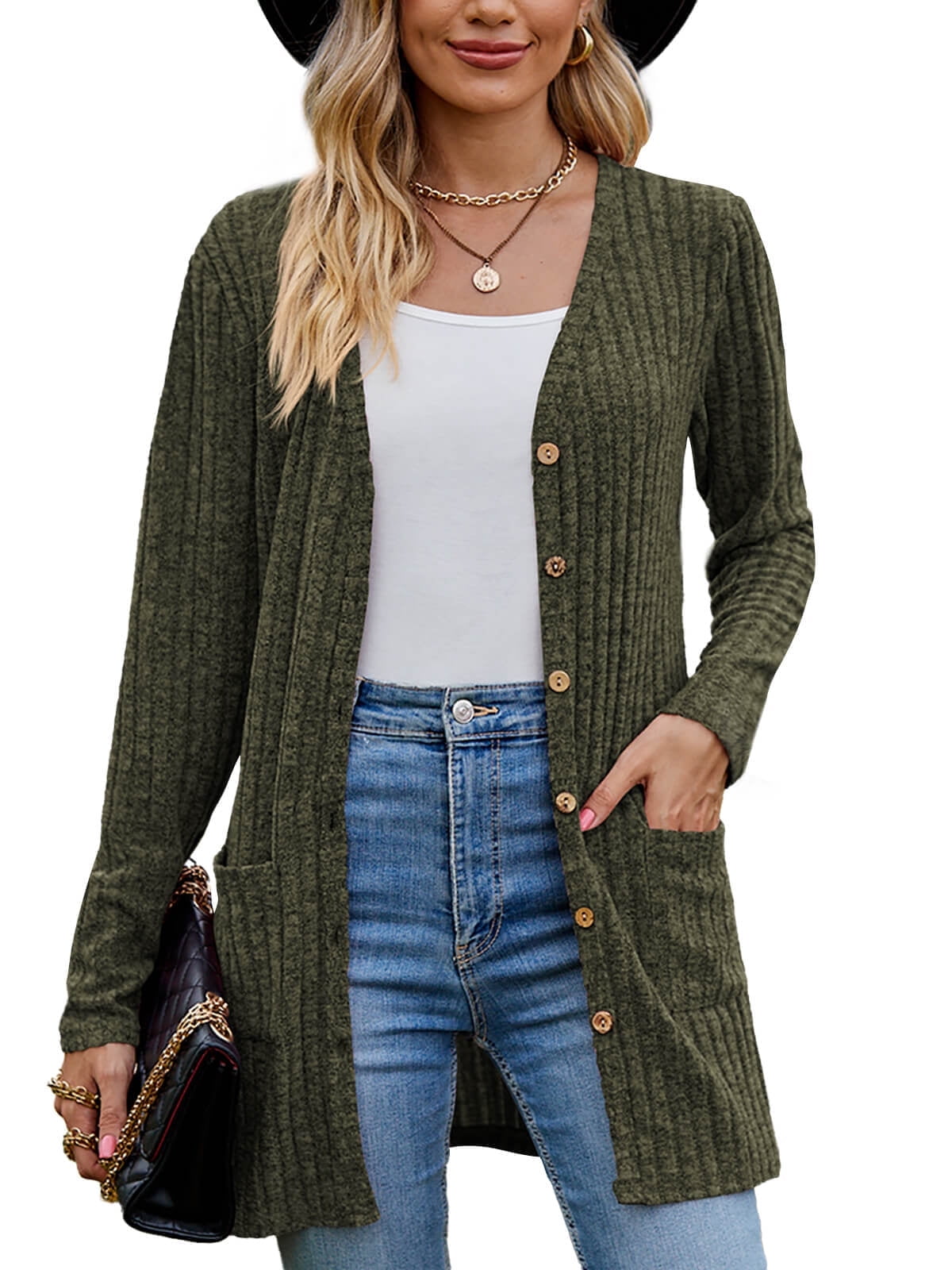 Chiclily Women's Fall Cardigan Lightweight Soft Knit Cardigan Army ...