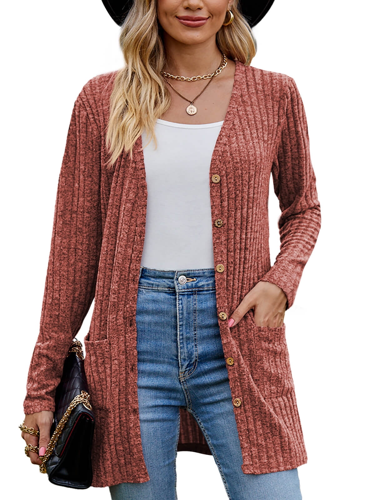 Chiclily Women's Fall Cardigan Lightweight Soft Knit Cardigan Brick Red ...