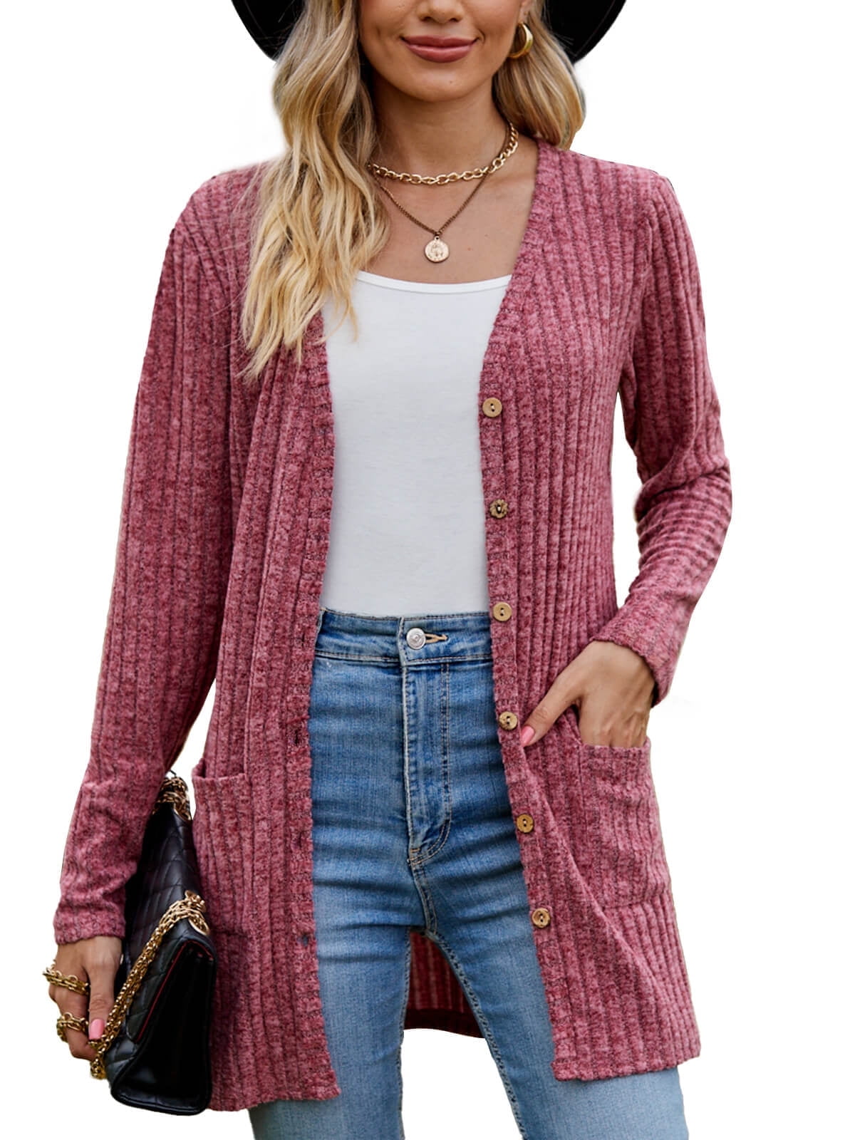 Chiclily Women's Fall Cardigan Lightweight Soft Knit Cardigan Burgundy ...