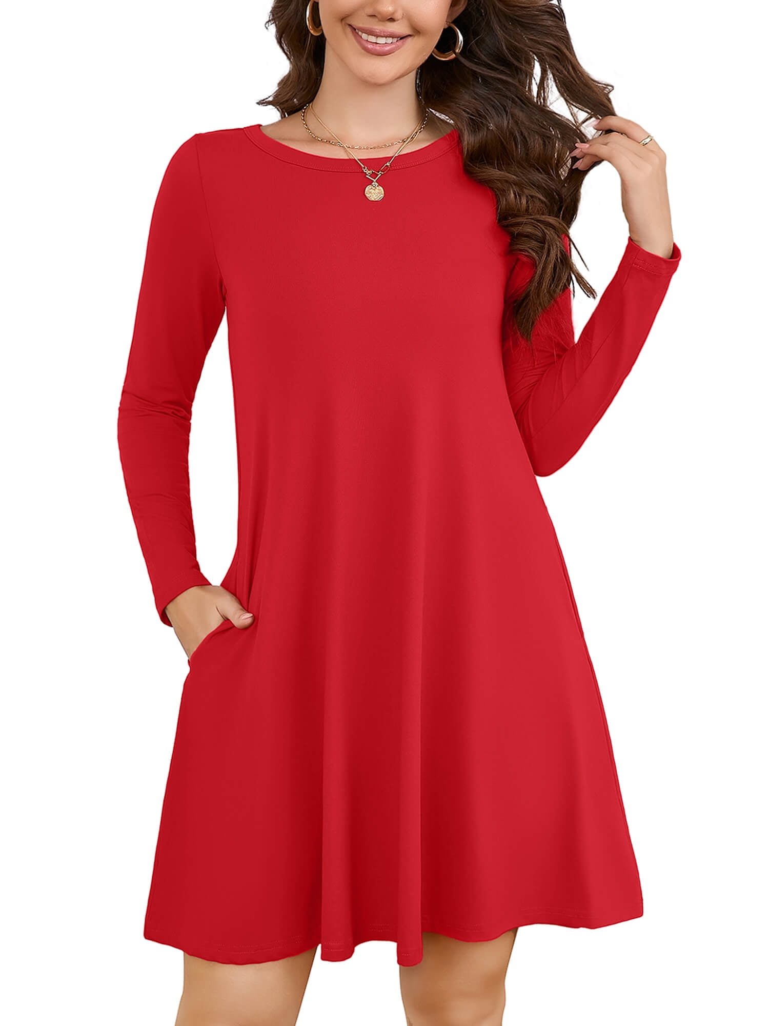 Chiclily Women's Long Sleeve Casual Swing Dress Pockets Large ...