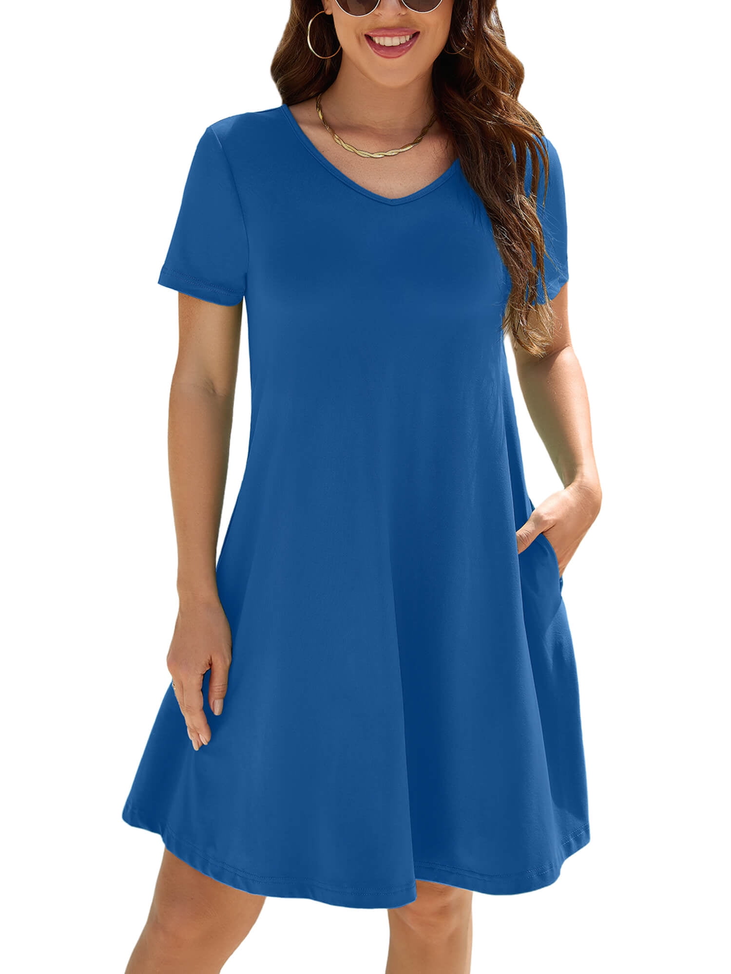 Chiclily Women's Short Sleeve Dresses Royal Blue XL V Neck Flowy Beach ...