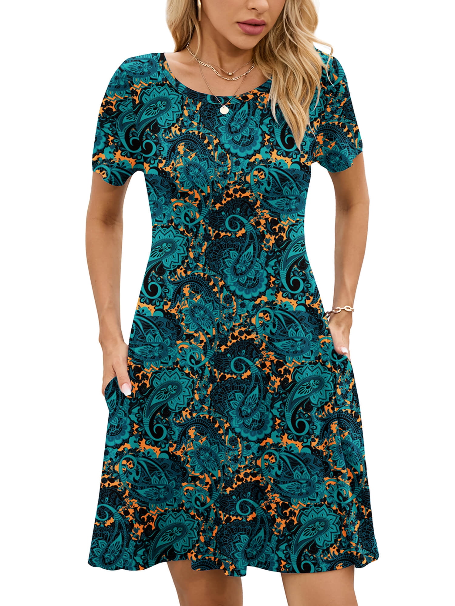 Chiclily Women's Summer Dresses Casual T Shirt Dresses Green Field 2XL ...