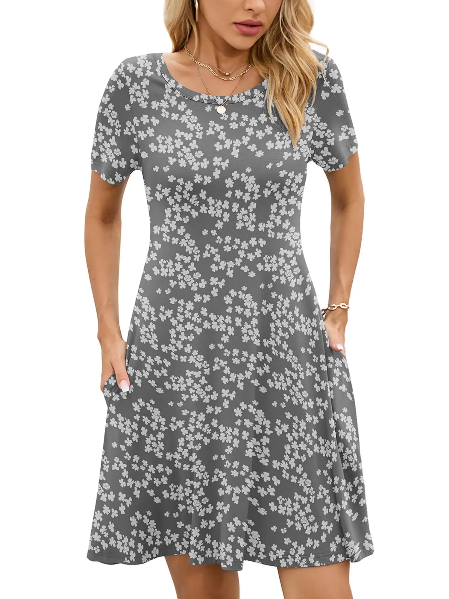 Chiclily Women's Knee Length Summer Dress, Grey Sakura XL, Short Sleeve ...