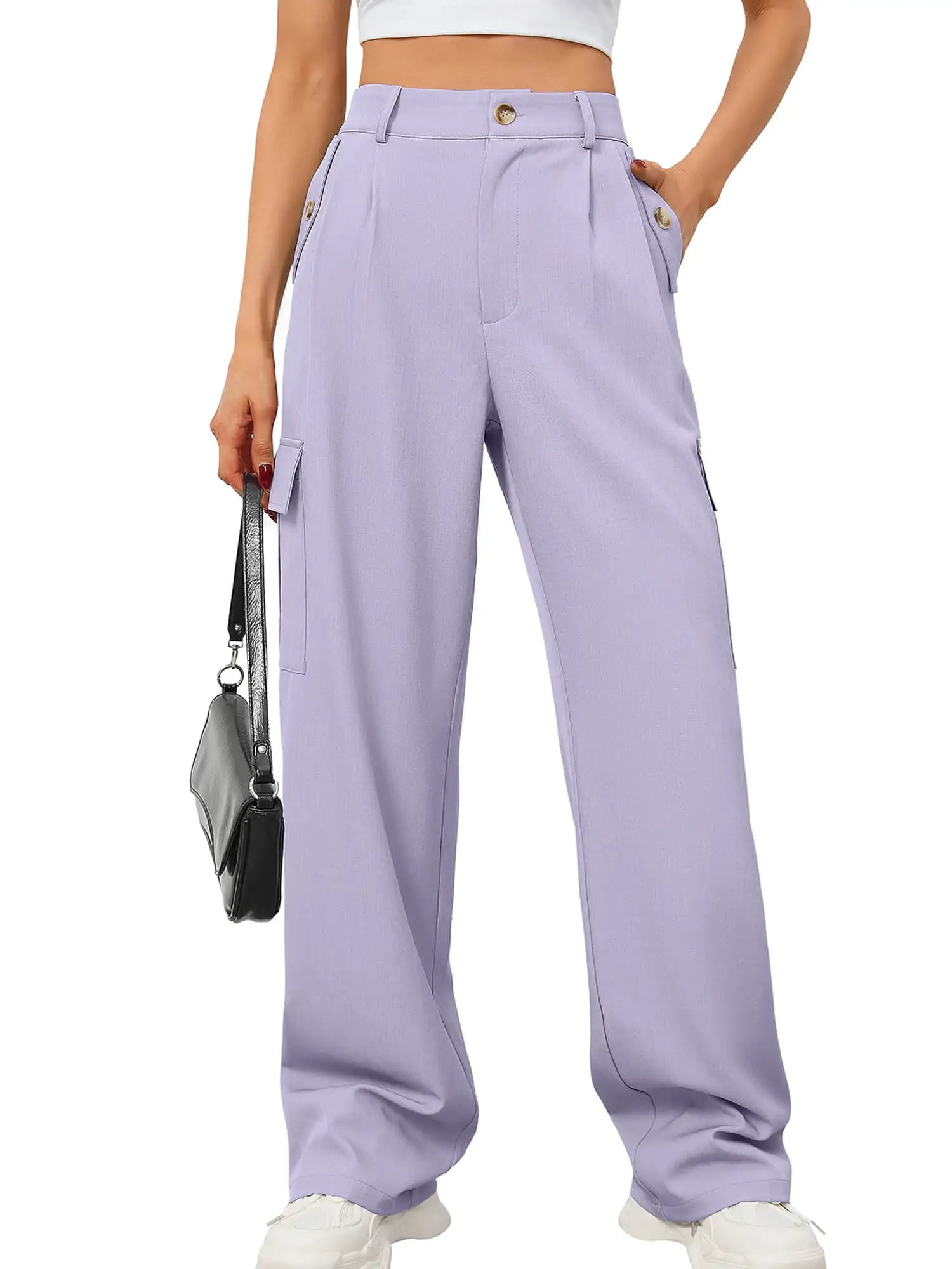 Chiclily Women's Wide Leg Pants High Waisted Cargo Pants Purple XL ...