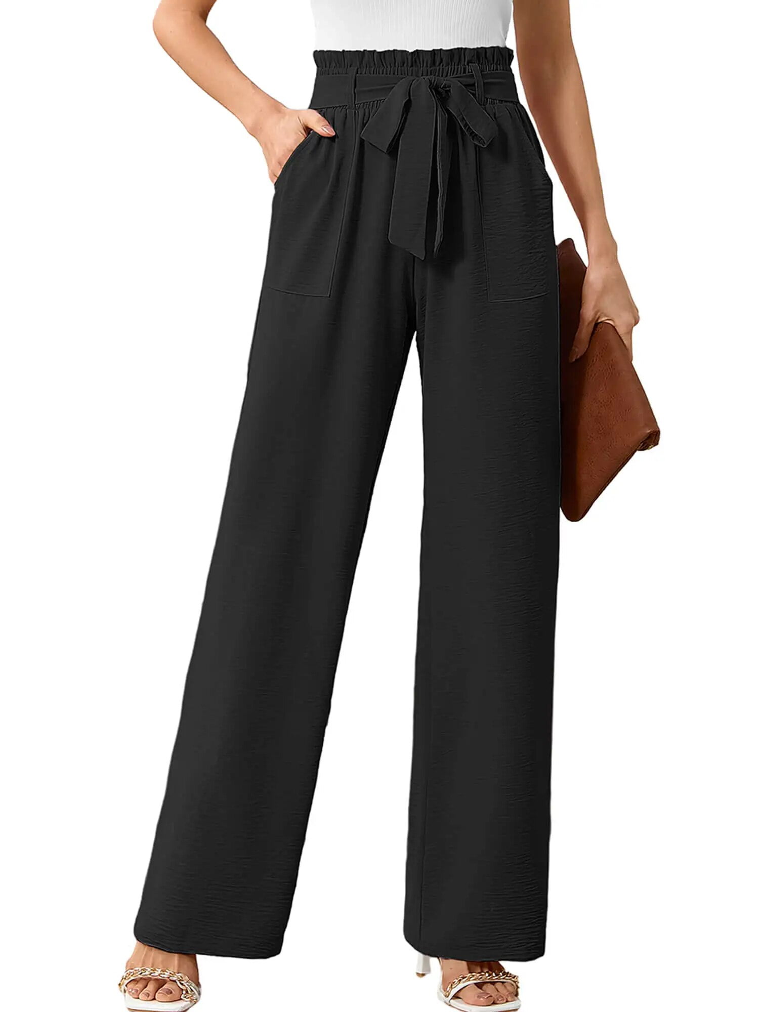 Chiclily Women's Wide Leg Pants with Pockets Black 2XL Casual Work ...