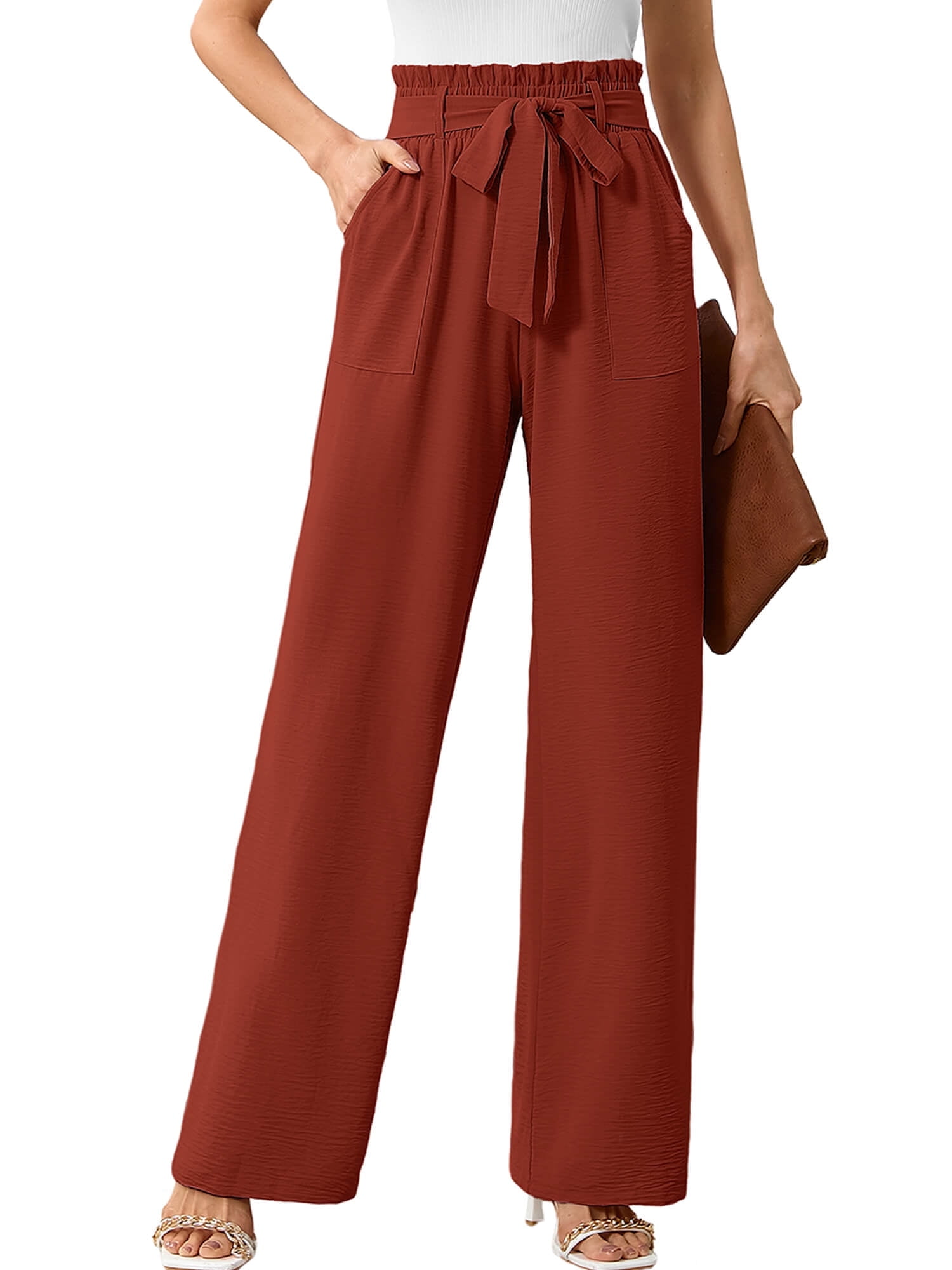 Chiclily Women's Wide Leg Pants with Pockets Brown Large Casual Work ...