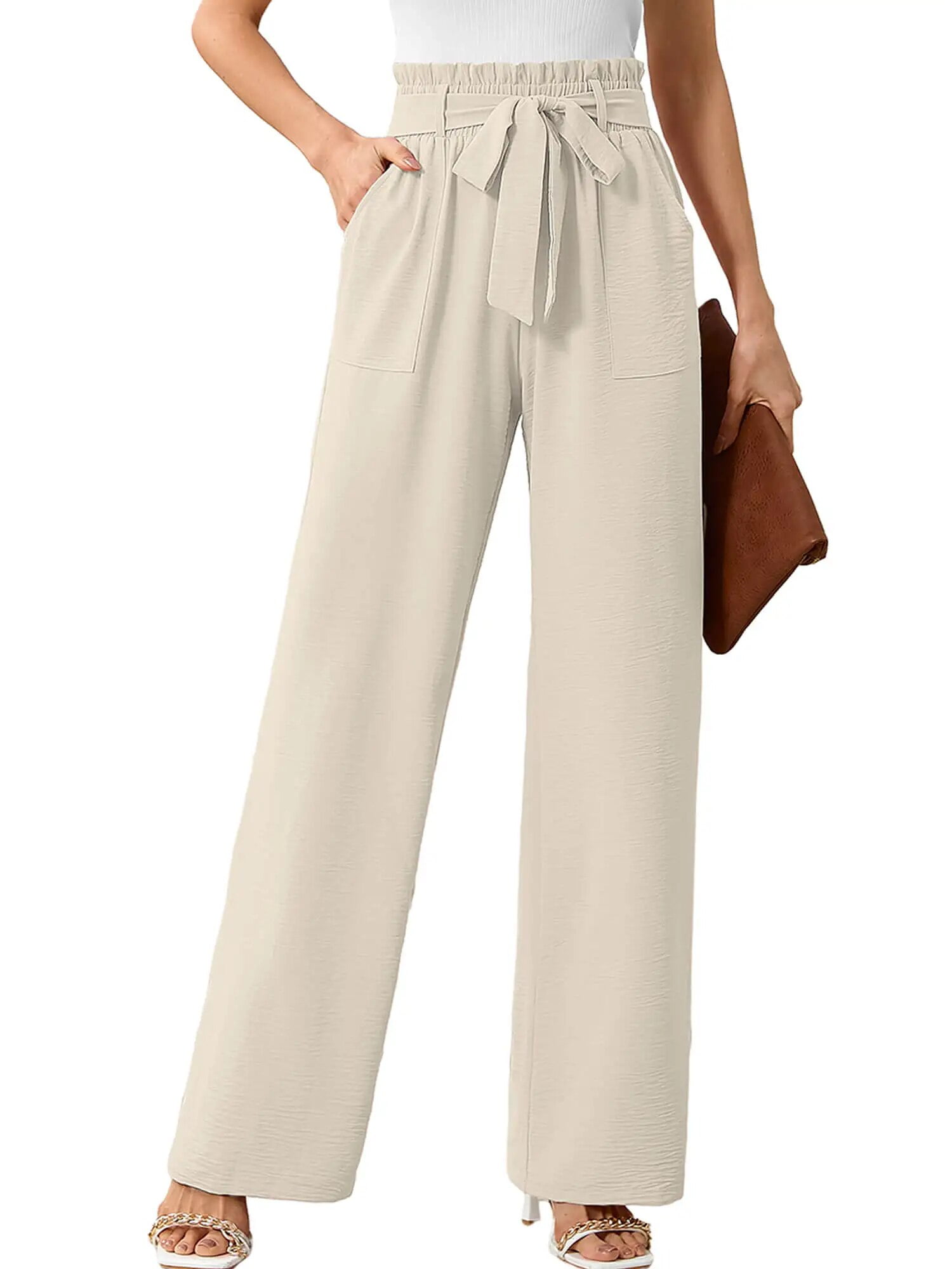 Chiclily Women's Wide Leg Pants with Pockets Ivory Medium Casual Work ...