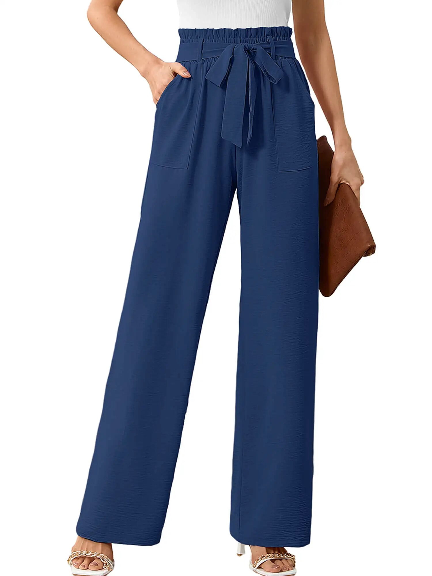 Chiclily Women's Wide Leg Pants, Navy Blue, Lightweight Flowy Casual ...