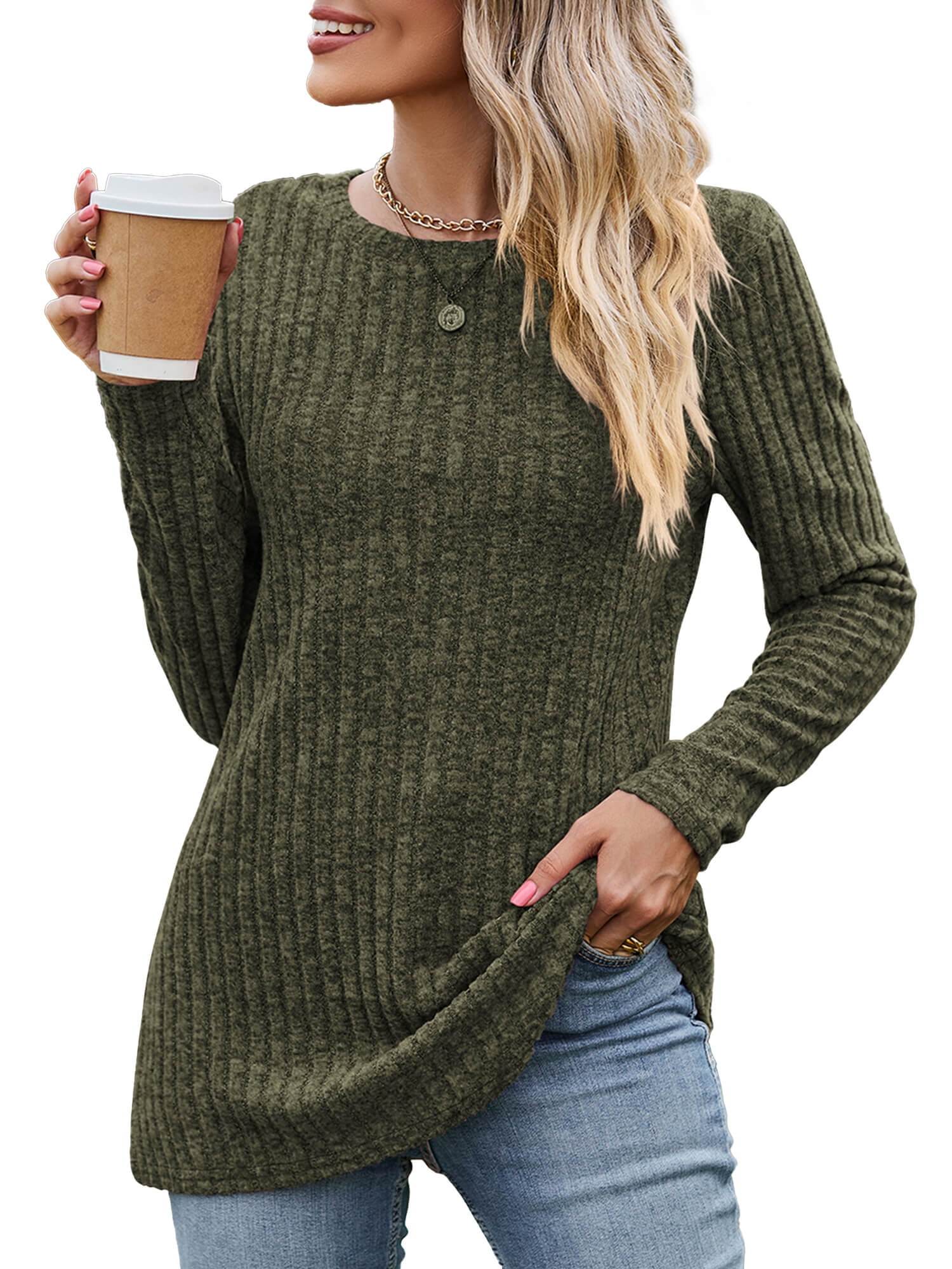 Chiclily Womens Long Sleeve Shirts Lightweight Pullover Sweaters Army ...