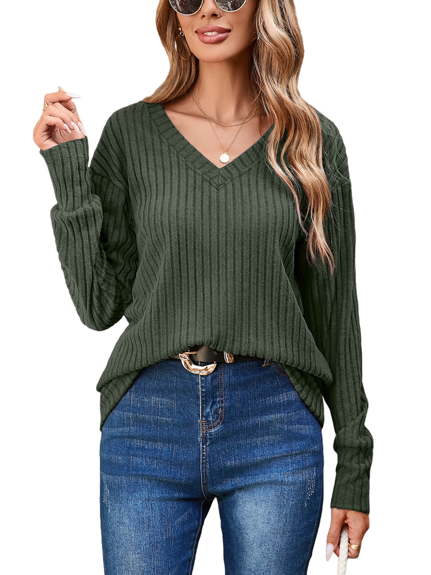 Chiclily Womens Long Sleeve Shirts Lightweight Pullover Sweaters Matte Green 2XL V Neck Tunics ...