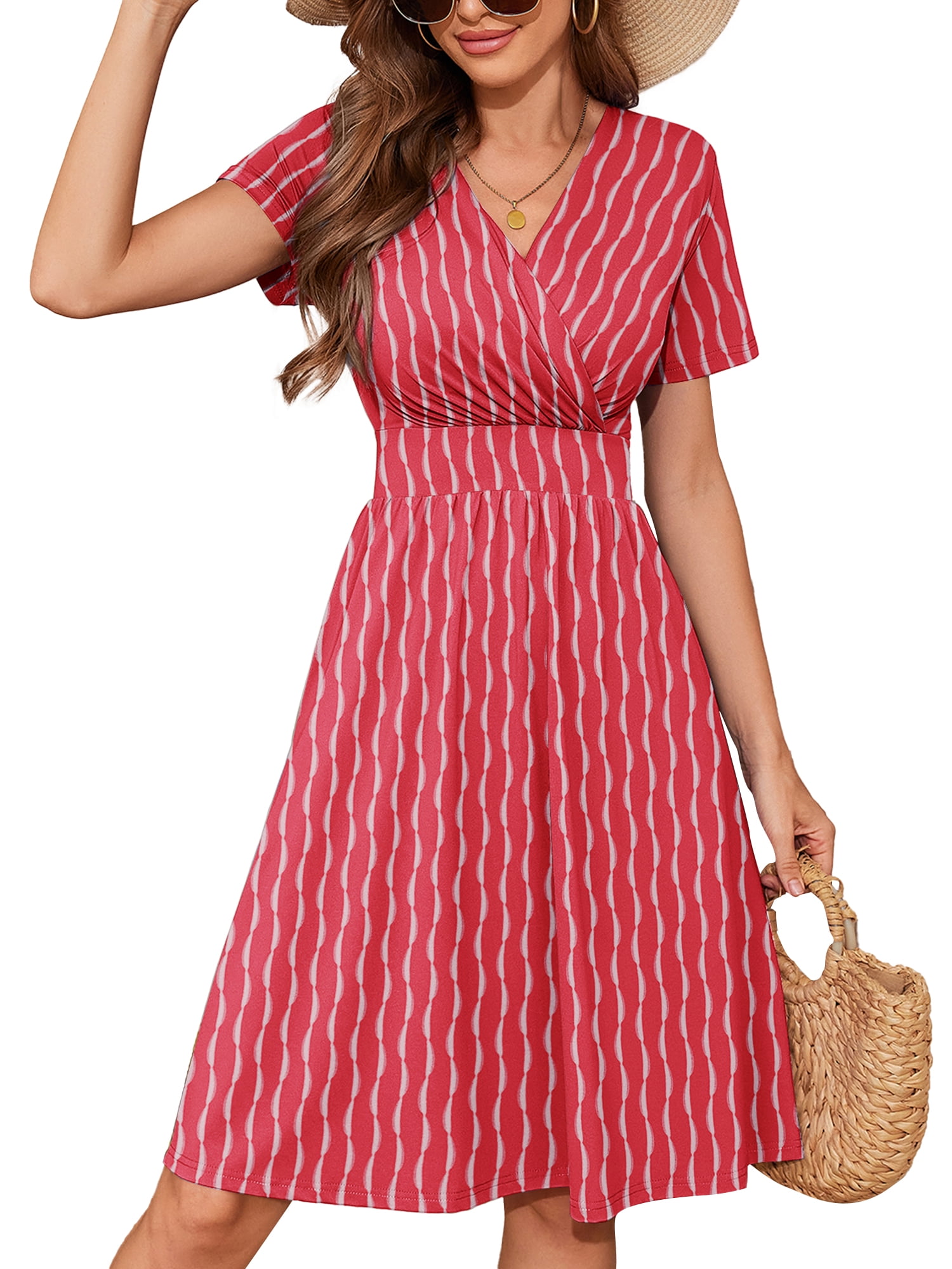 Chiclily Womens Summer Floral Boho Dress Casual Short Sleeve V-Neck ...