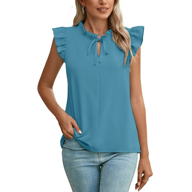 Chiclily Womens Summer Tops Short Sleeve V Neck Blouse Teal Blue Large