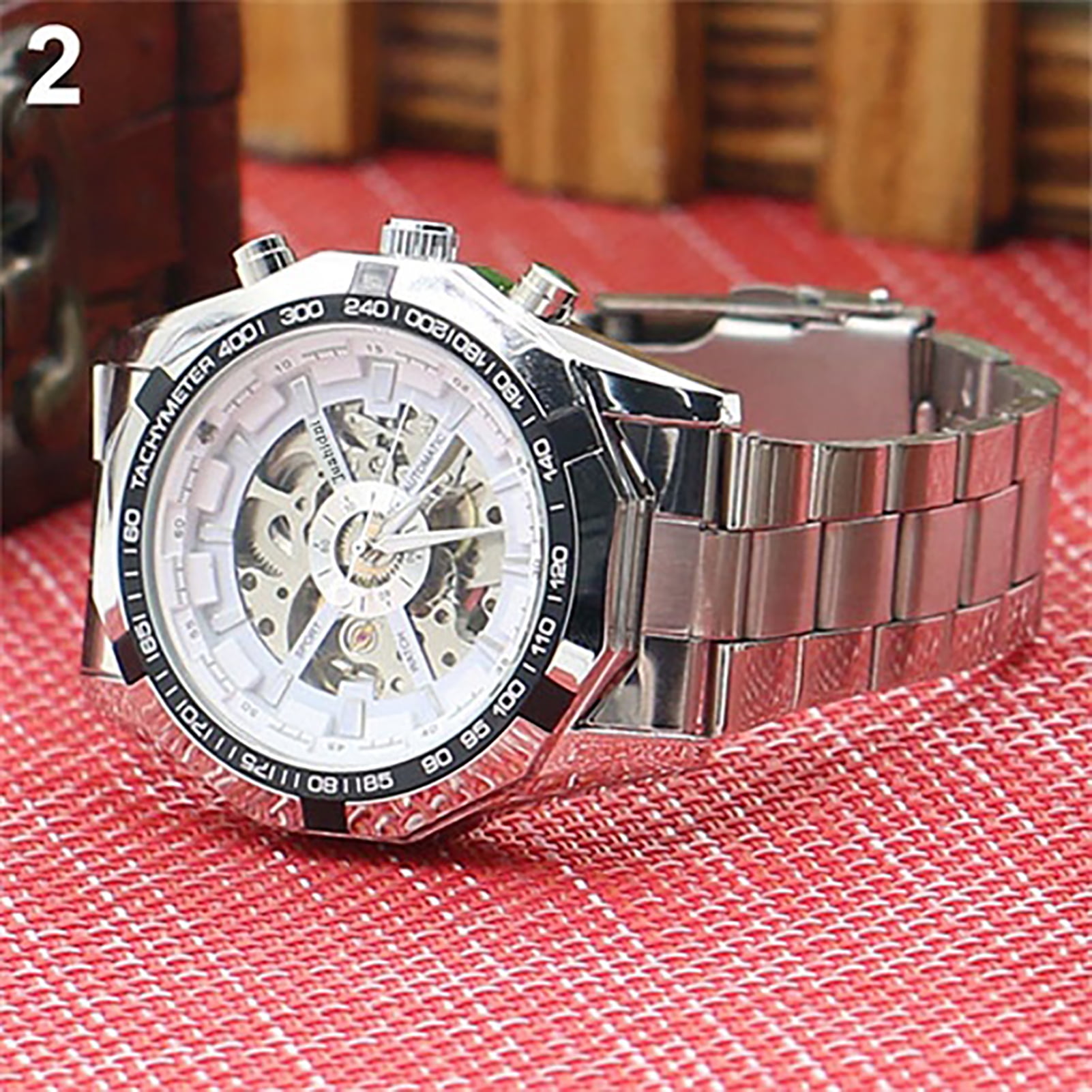 Chicmine Men Hand-Winding Skeleton Automatic Mechanical Stainless Steel ...