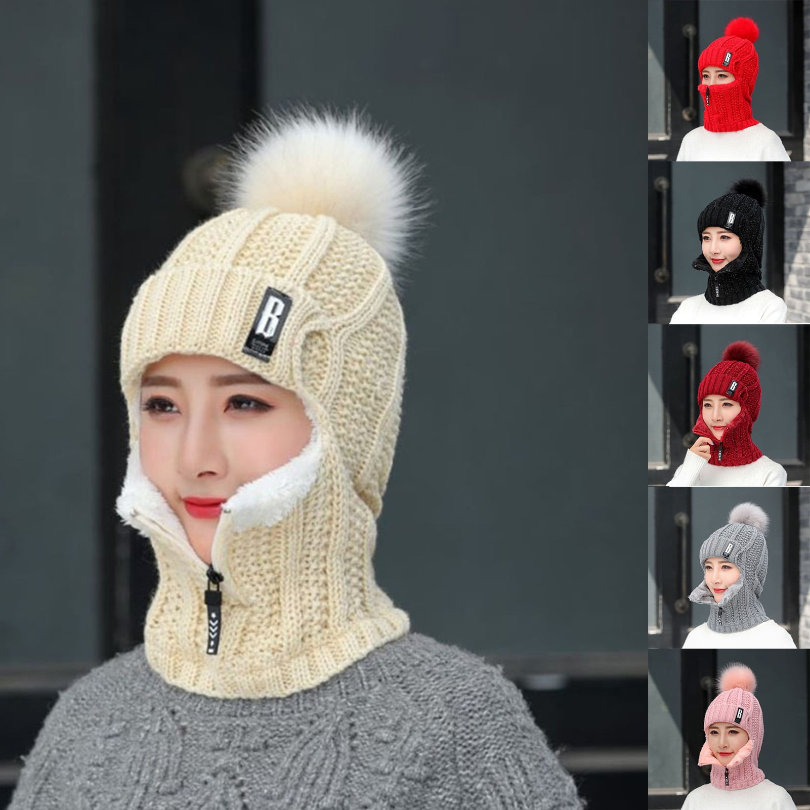 Chicmine Women Beanies Hat Scarf Set Fleece Lined Plush Ball Neck ...