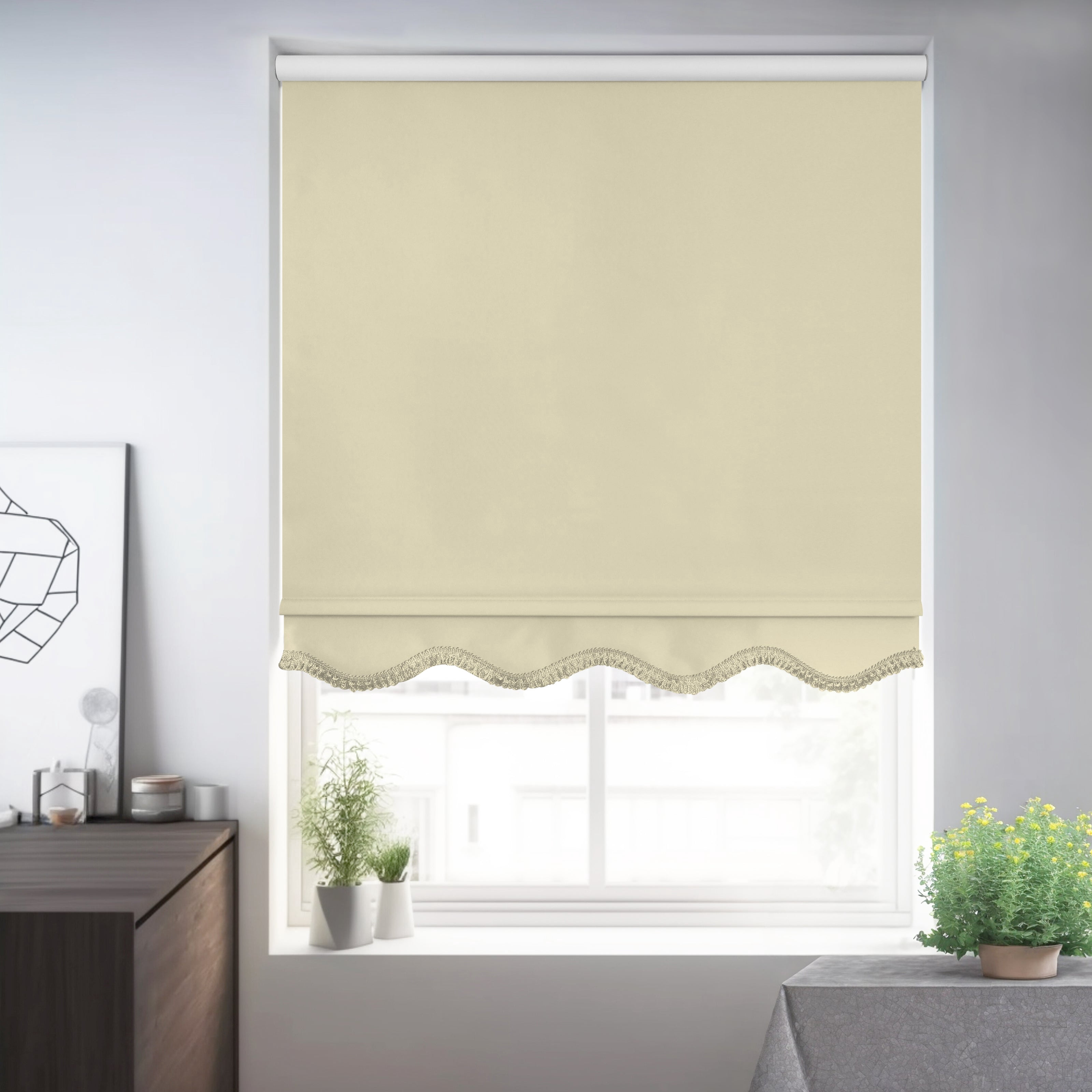 Chicology Fringe Cream Solid Cordless Blackout Privacy Vinyl Roller ...