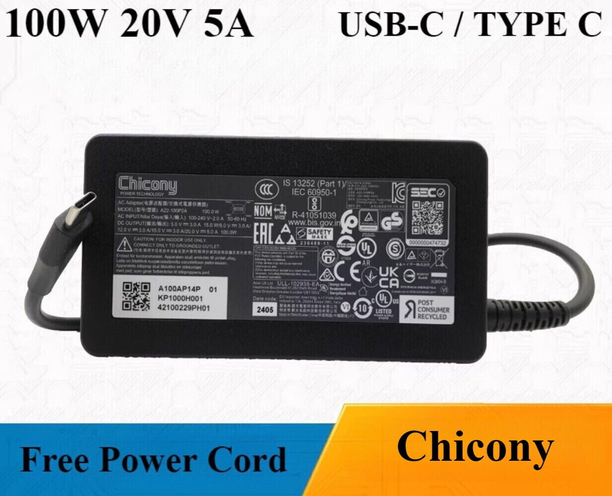 Chicony 100W 20V 5A USB-C Charger Type C AC Adapter A22-100P2A Power ...