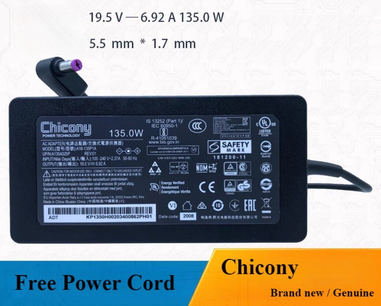 Chicony 19.5V 6.92A 135W Power Adapter A18-135P1A for Aspire A715-74G 5 ...