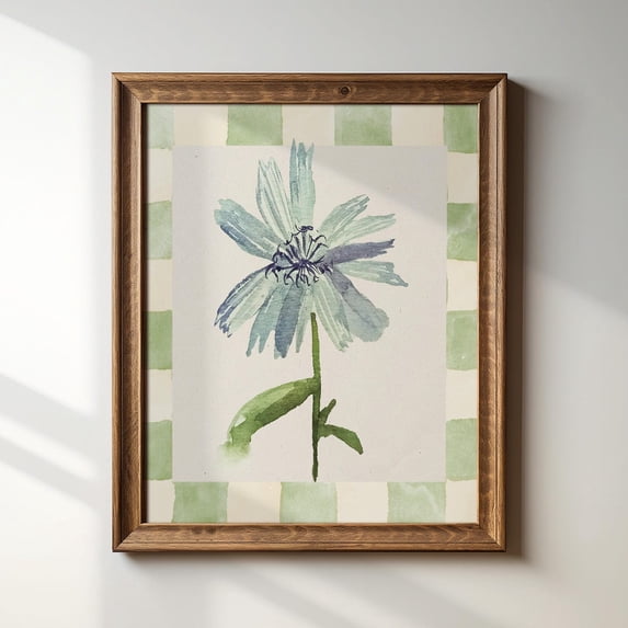 Chicory Green Checkered Vintage Floral Bouquet Print Watercolor Style ...