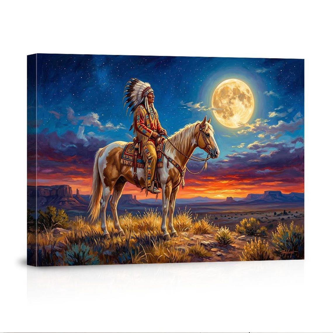 Chief On Horse Full Moon Desert Landscape Western Southwest Indigenous ...