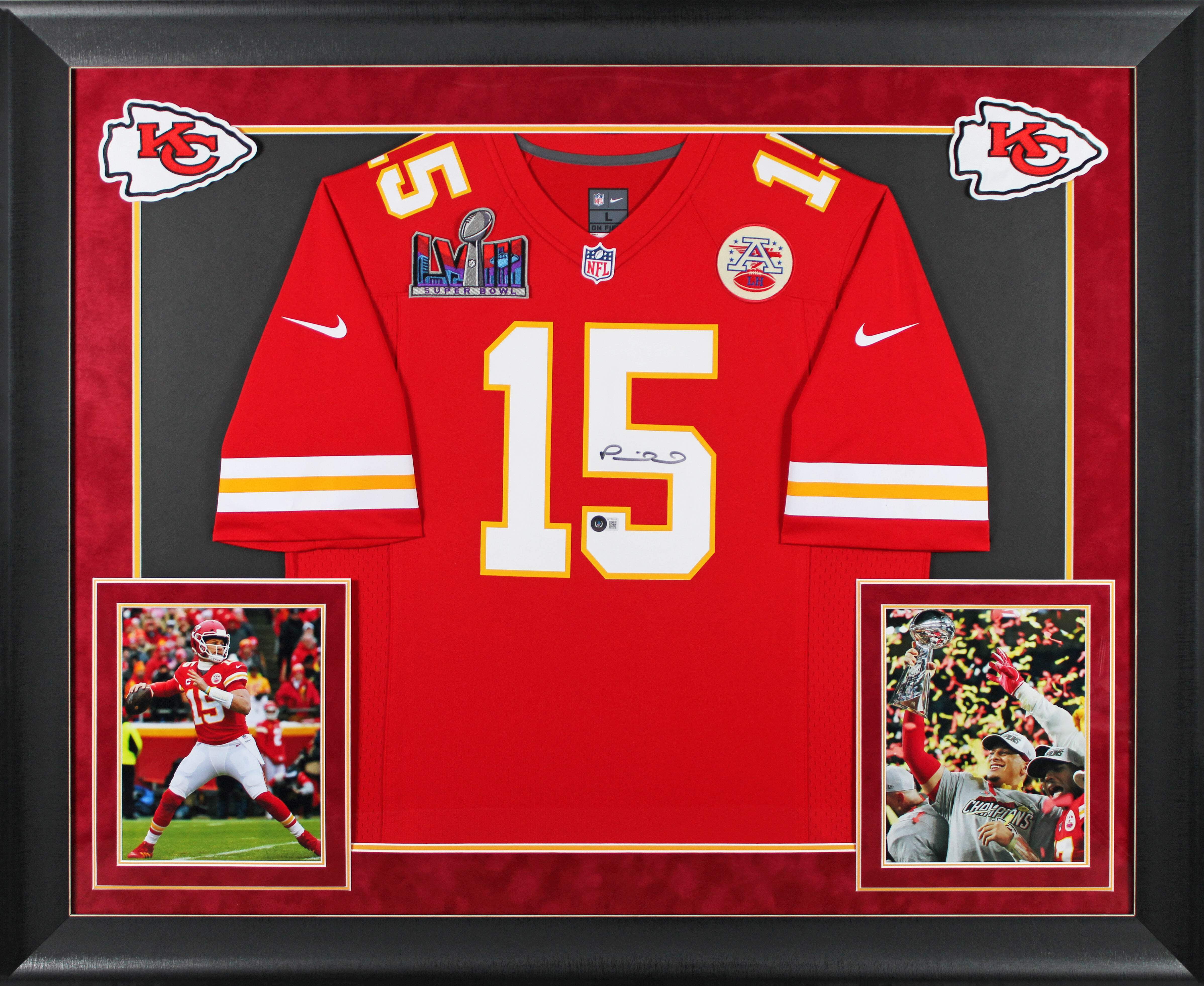 Chiefs Patrick Mahomes Signed Red Nike SB LVIII Logo Framed Jersey BAS ...