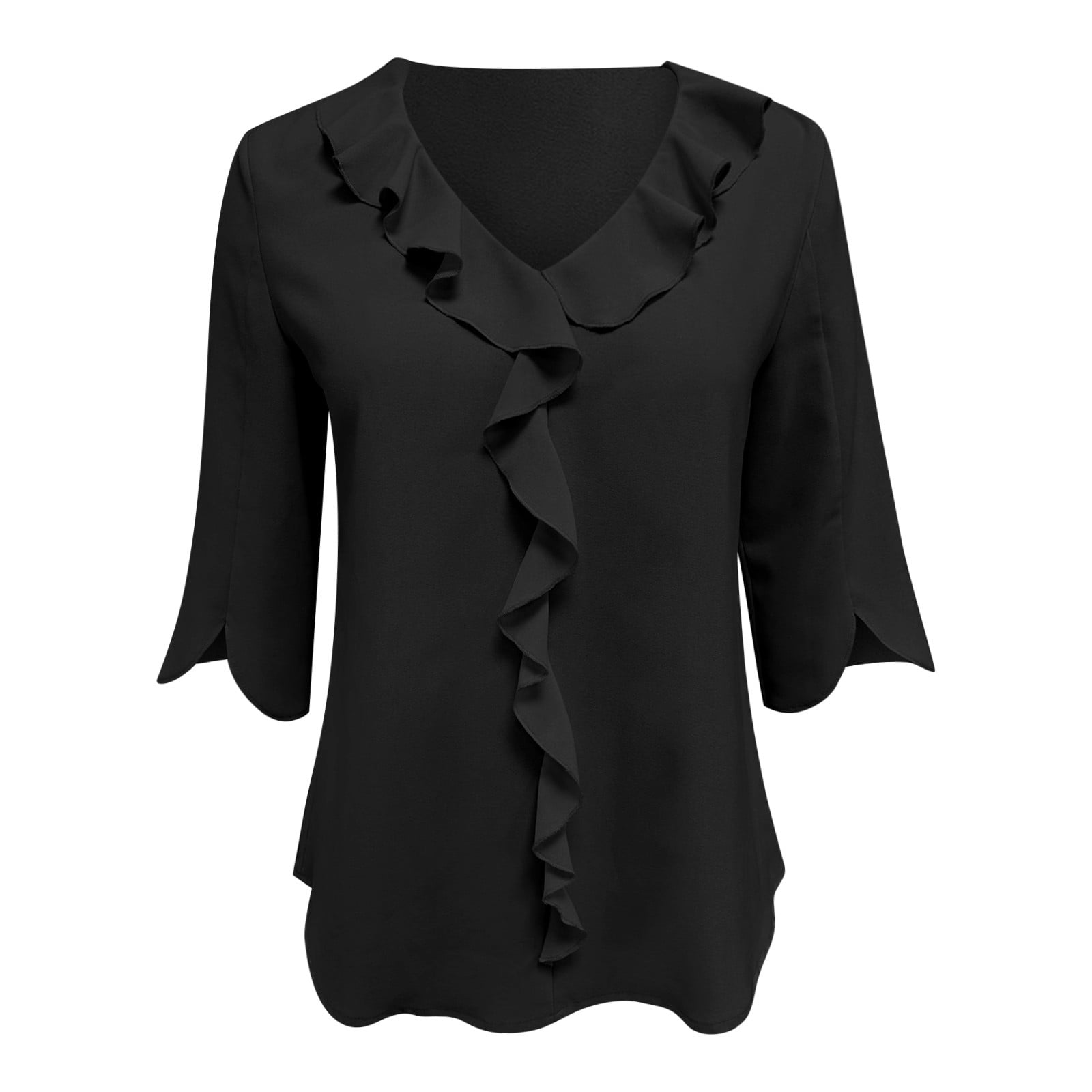 Chiffon Blouse With Mid Length Sleeves V Neck Pleated Ruffle Trim Loose ...