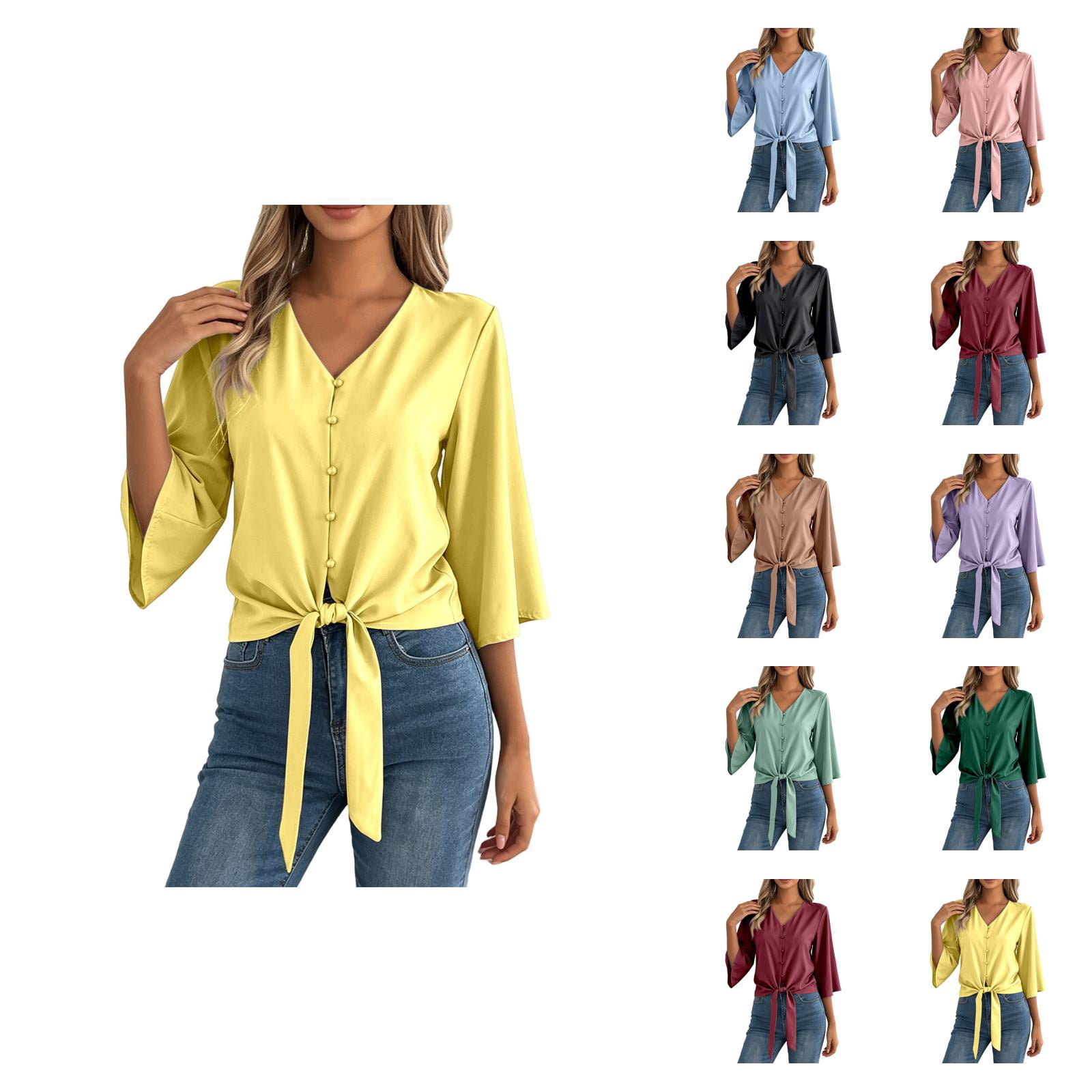 Chiffon Blouses for Women Summer 3/4 Bell Sleeve Button V Neck Tie Knot ...