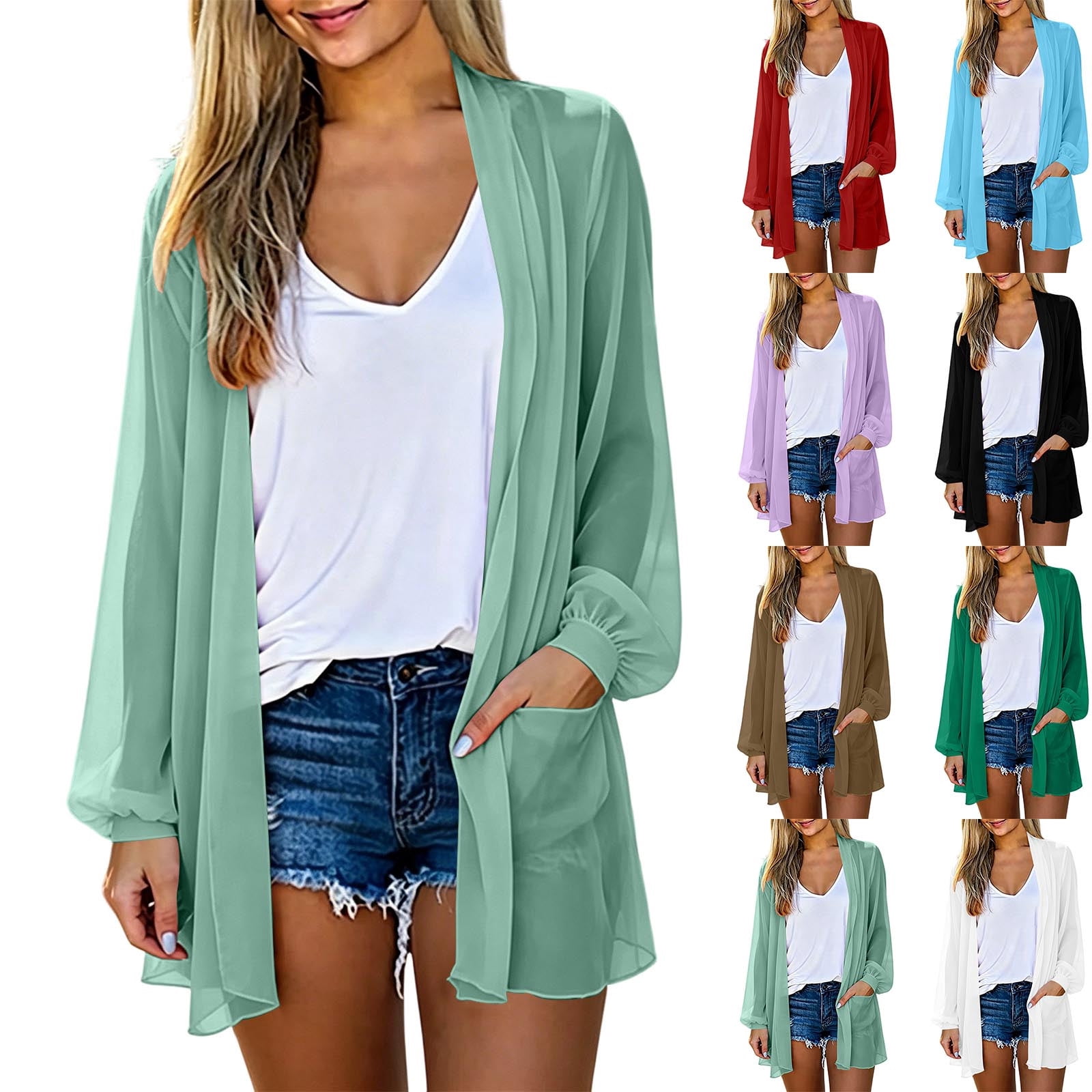 Chiffon Cardigan for Women Open Front Lightweight Flowy Lantern Long ...