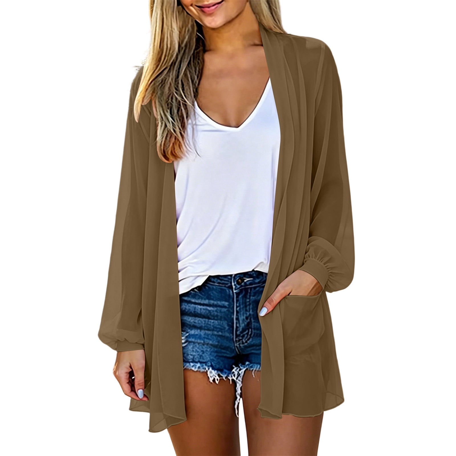 Chiffon Cardigan for Women Open Front Lightweight Flowy Lantern Long ...