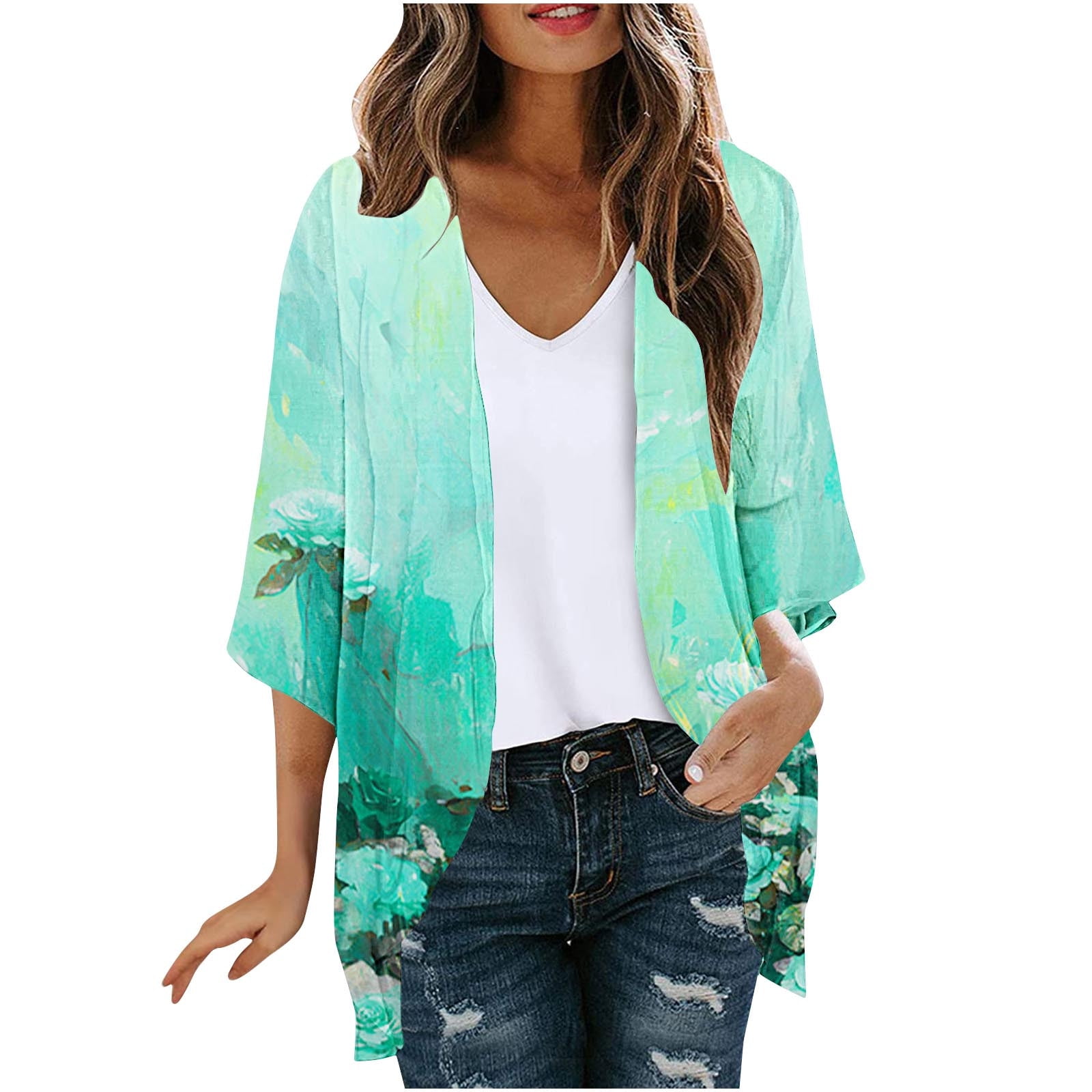 Chiffon Cardigans for Women Trendy Floral Print 3/4 Sleeve Cardigan ...