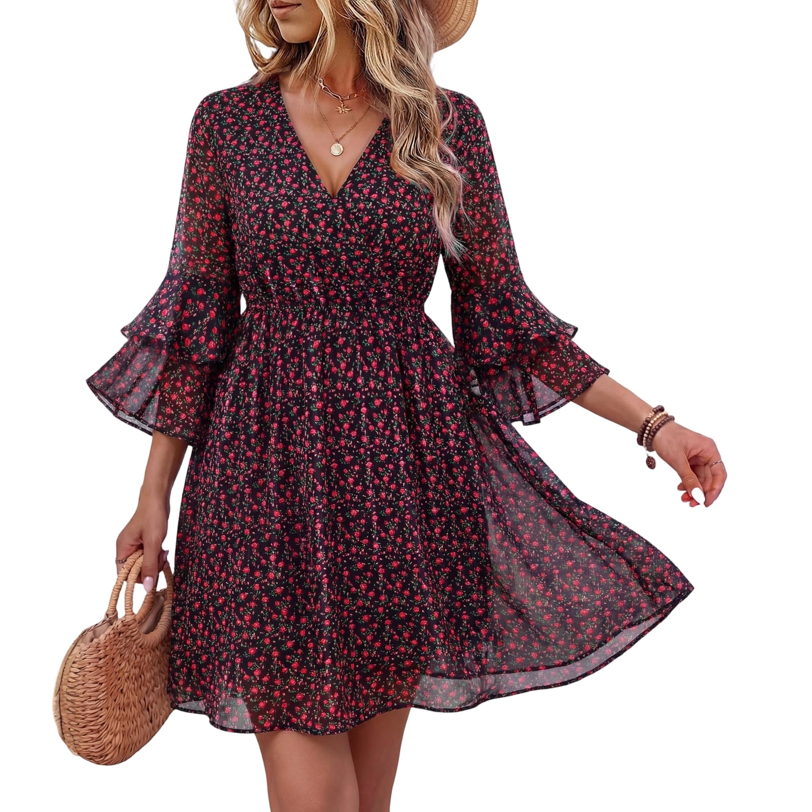 Chiffon Dresses for Women 3/4 Ruffle Sleeve V Neck Layers Dresses ...