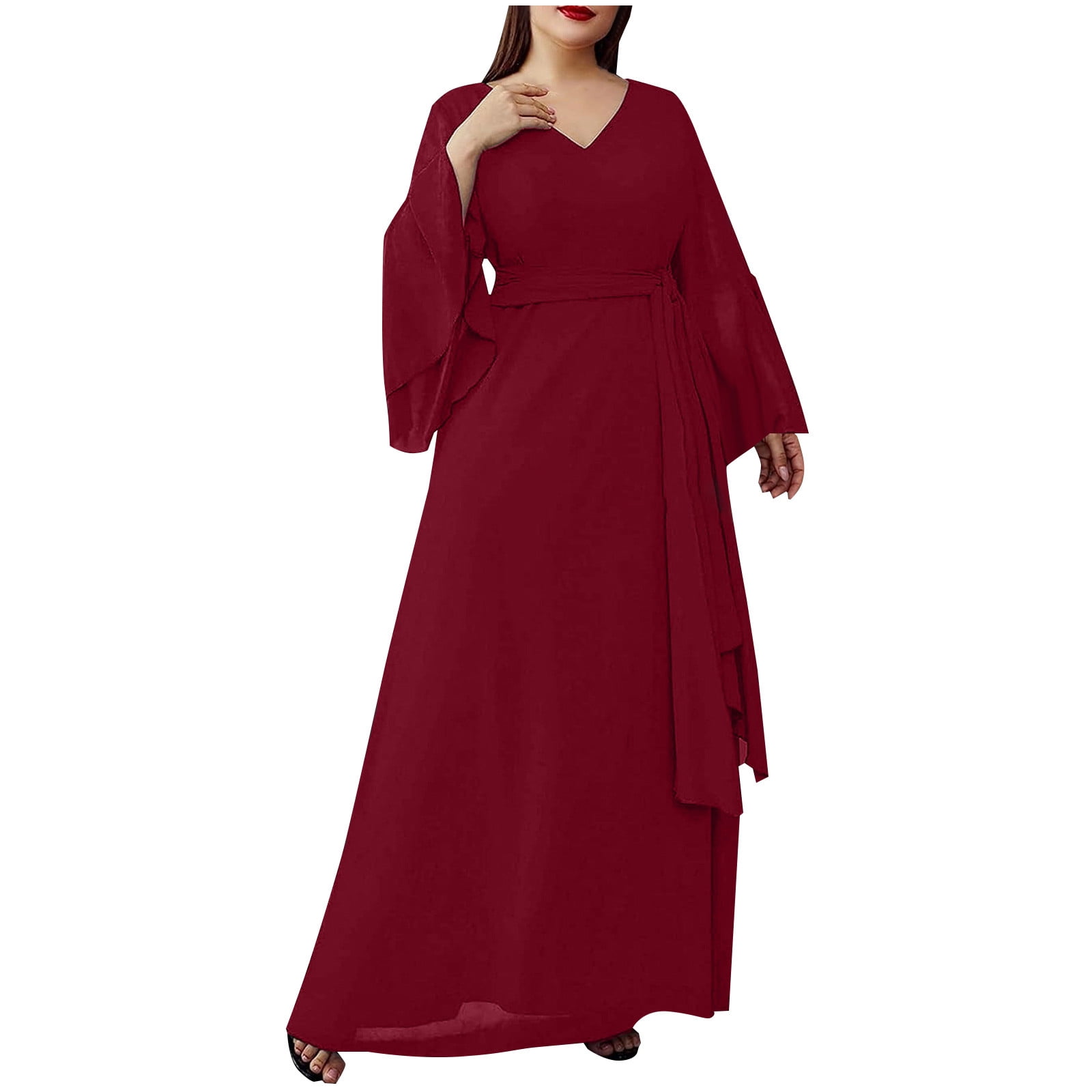 Chiffon Evening Gowns for Women Formal Plus Size Long Sleeve Low Back ...